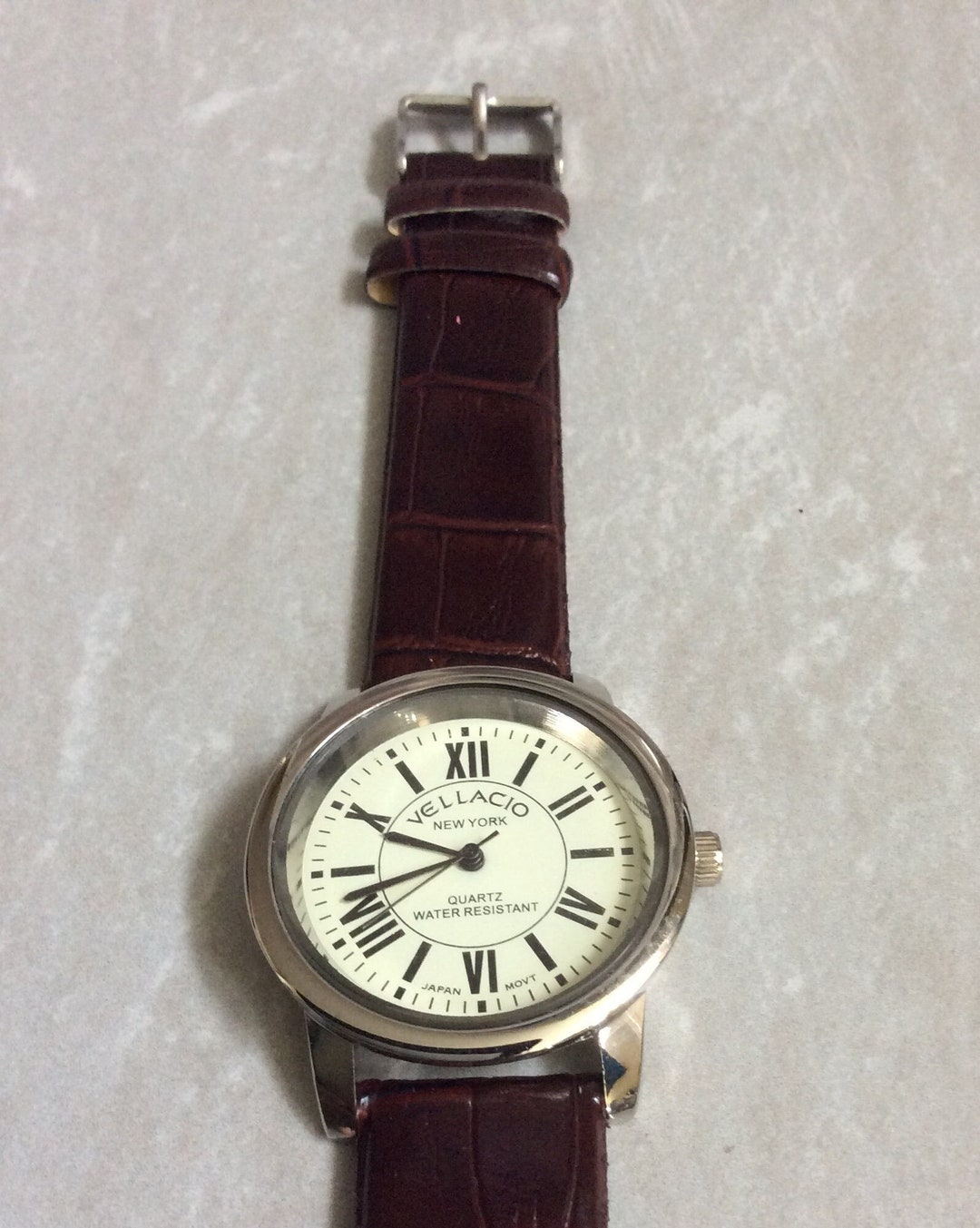 VELLACIO Silver Men's Watch Black Accent Round Beige Dial Roman Numeral ...