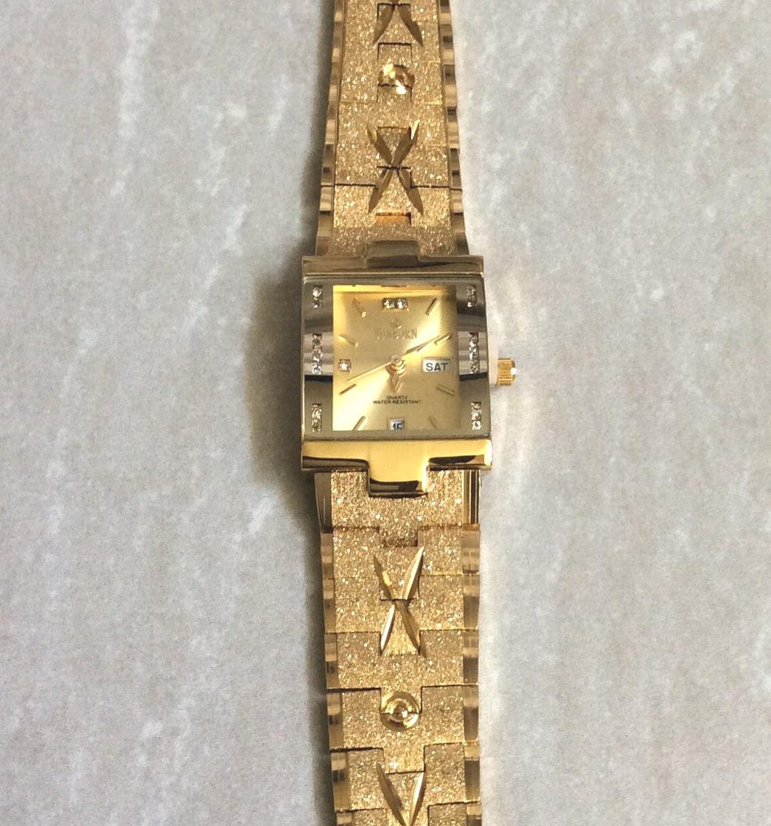 SUNBORN Women's Crystal Watch Rectangle Gold Dial Crystal & Index Hours ...