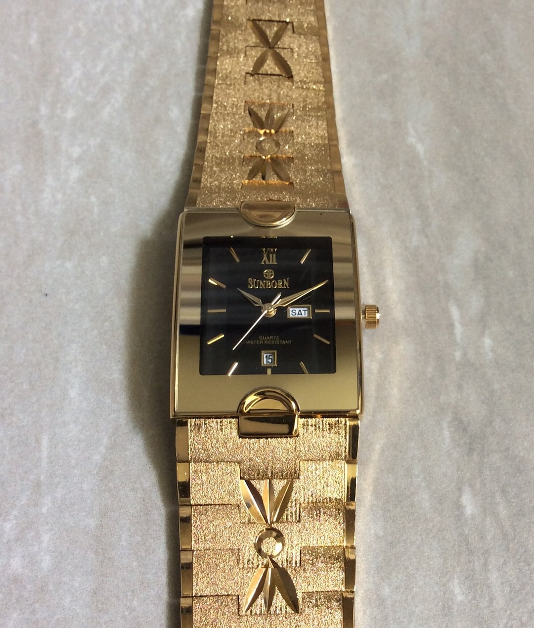 Sunborn Men's Gold Watch Rectangle Black Dial Gold Index Hours Day ...