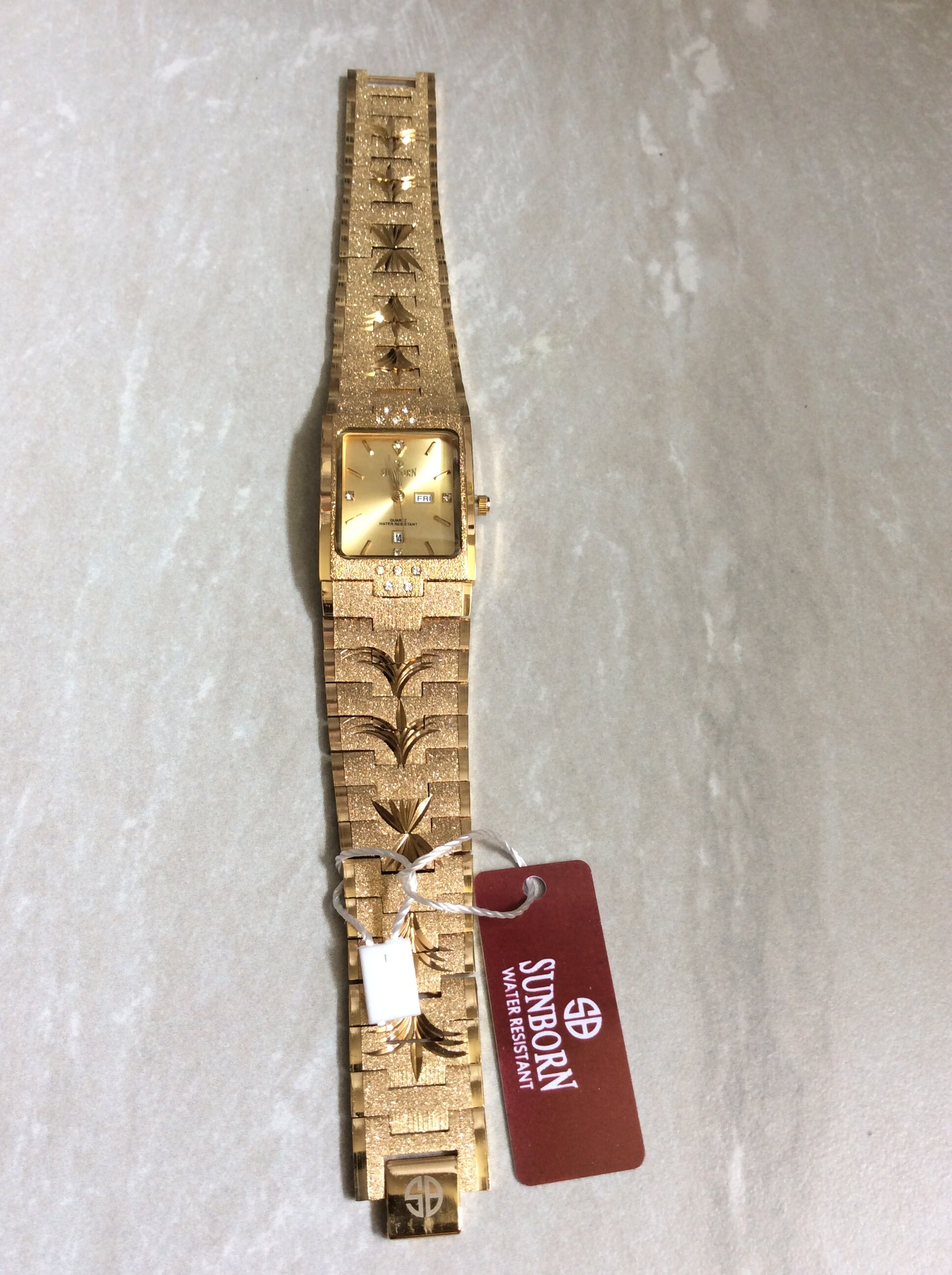 SUNBORN Men's Crystal Dress Watch Rectangle Gold Dial Day and Date ...