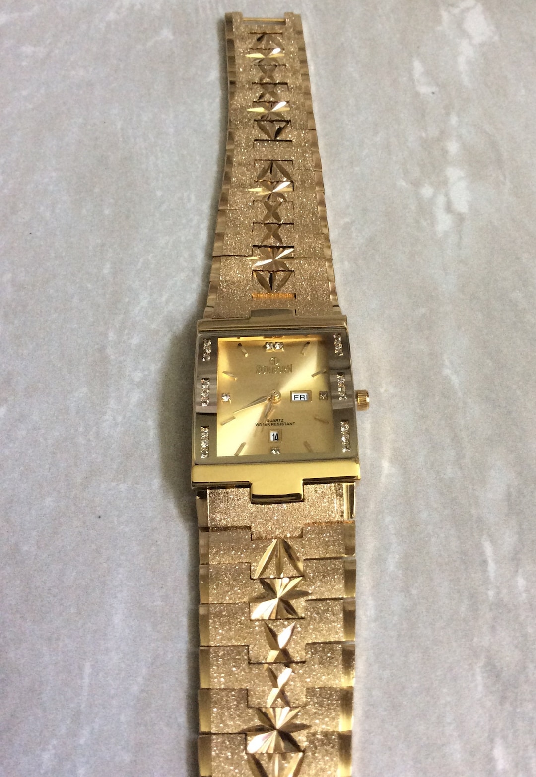 SUNBORN Men's Dress Watch Rectangle Mirror Image Crystal Gold Dial ...