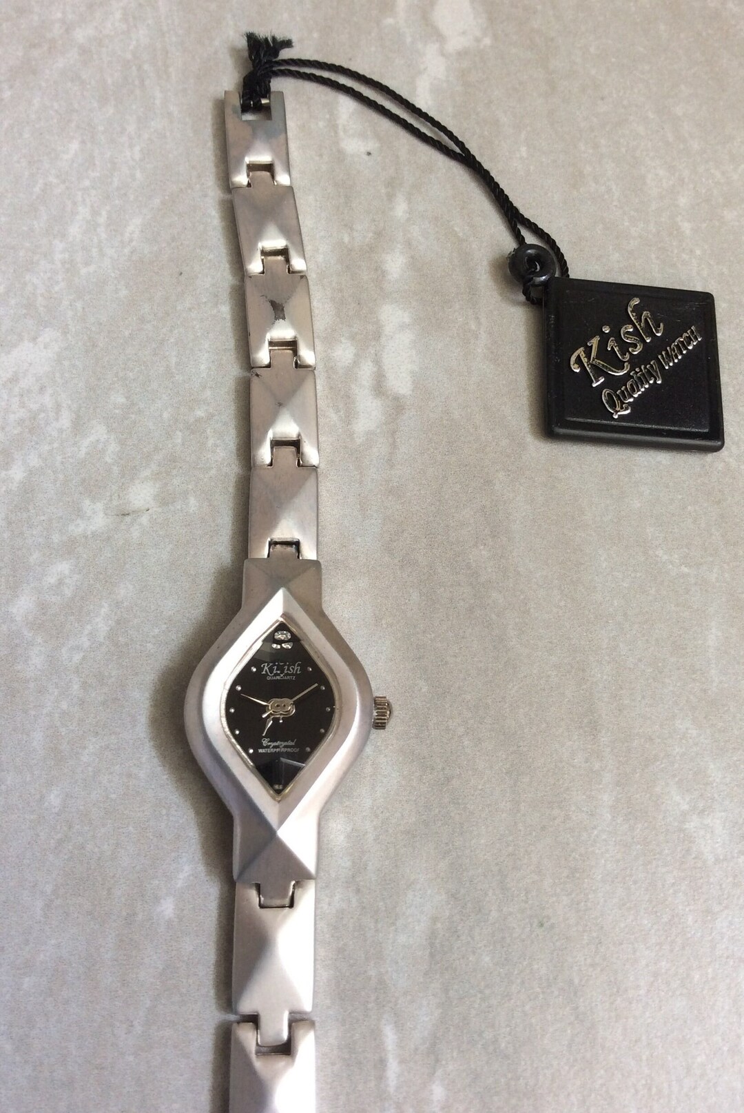 KISH Waterproof Women's Silver Watch Triangular Black Dial Crystal 12th ...