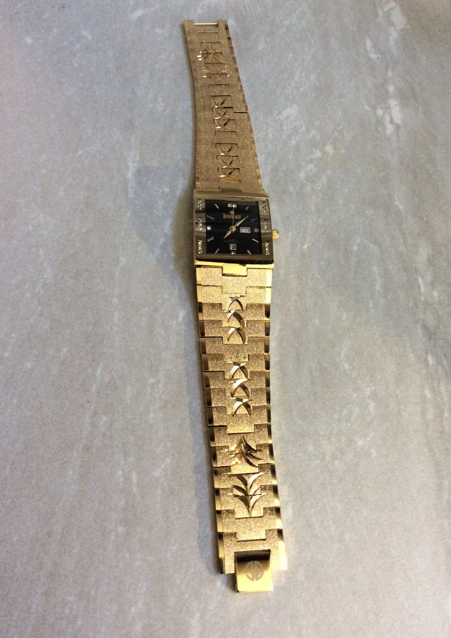 SUNBORN Gold Crystal Men's Watch Rectangle Black Dial Day & Date on a ...