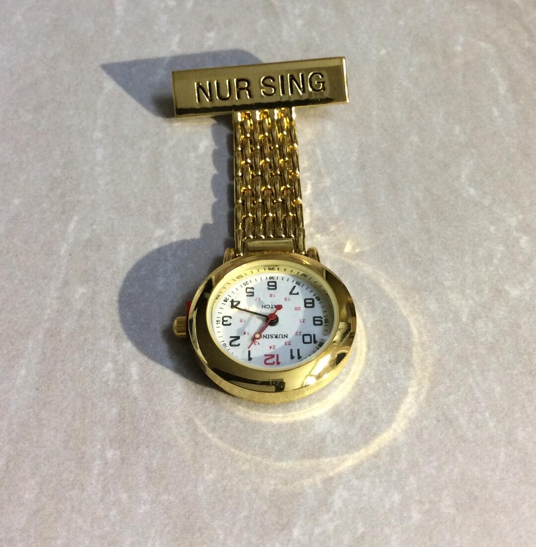 NURSING Gold Nurse's Pin-on Watch Round White 12/24 Hours Dial ...
