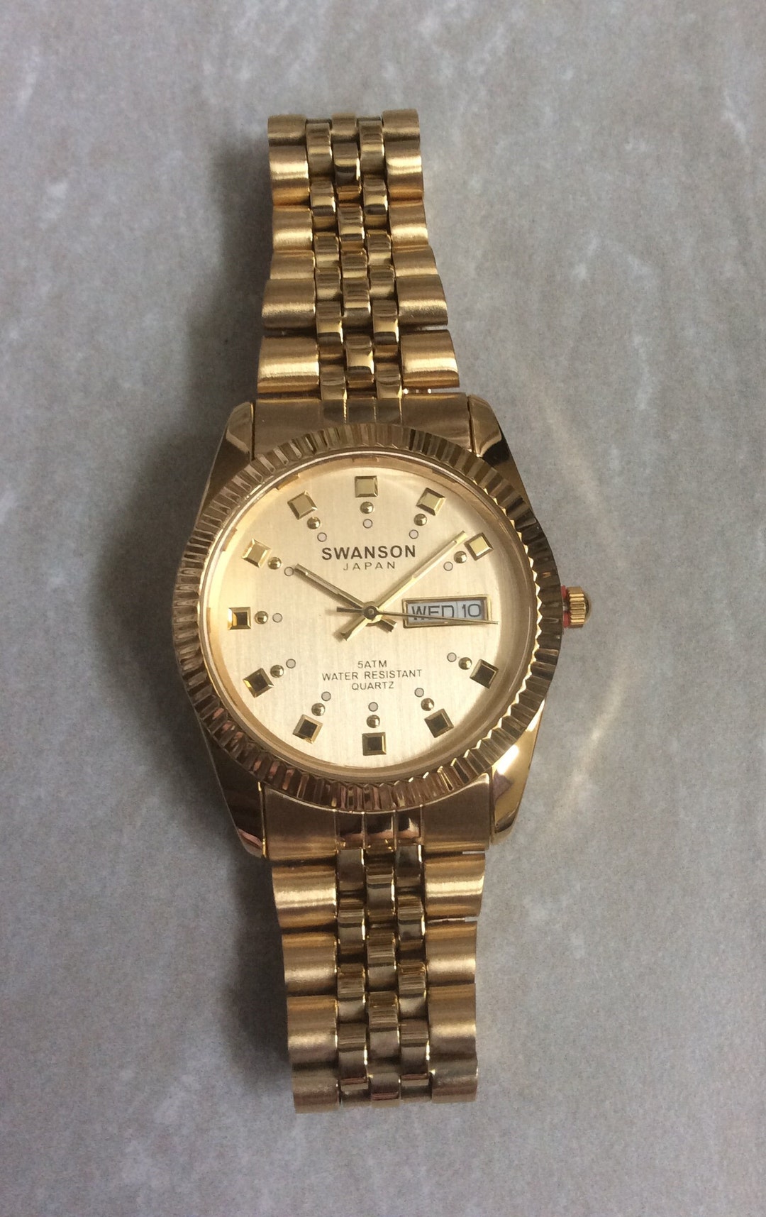 SWANSON Men's Gold Watch Round Gold Dial Unique Hour Markers Day & Date ...