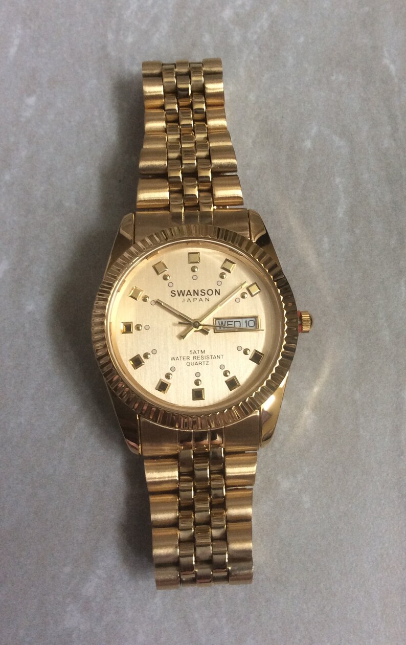 SWANSON Men's Gold Watch Round Gold Dial Unique Hour Markers Day & Date ...
