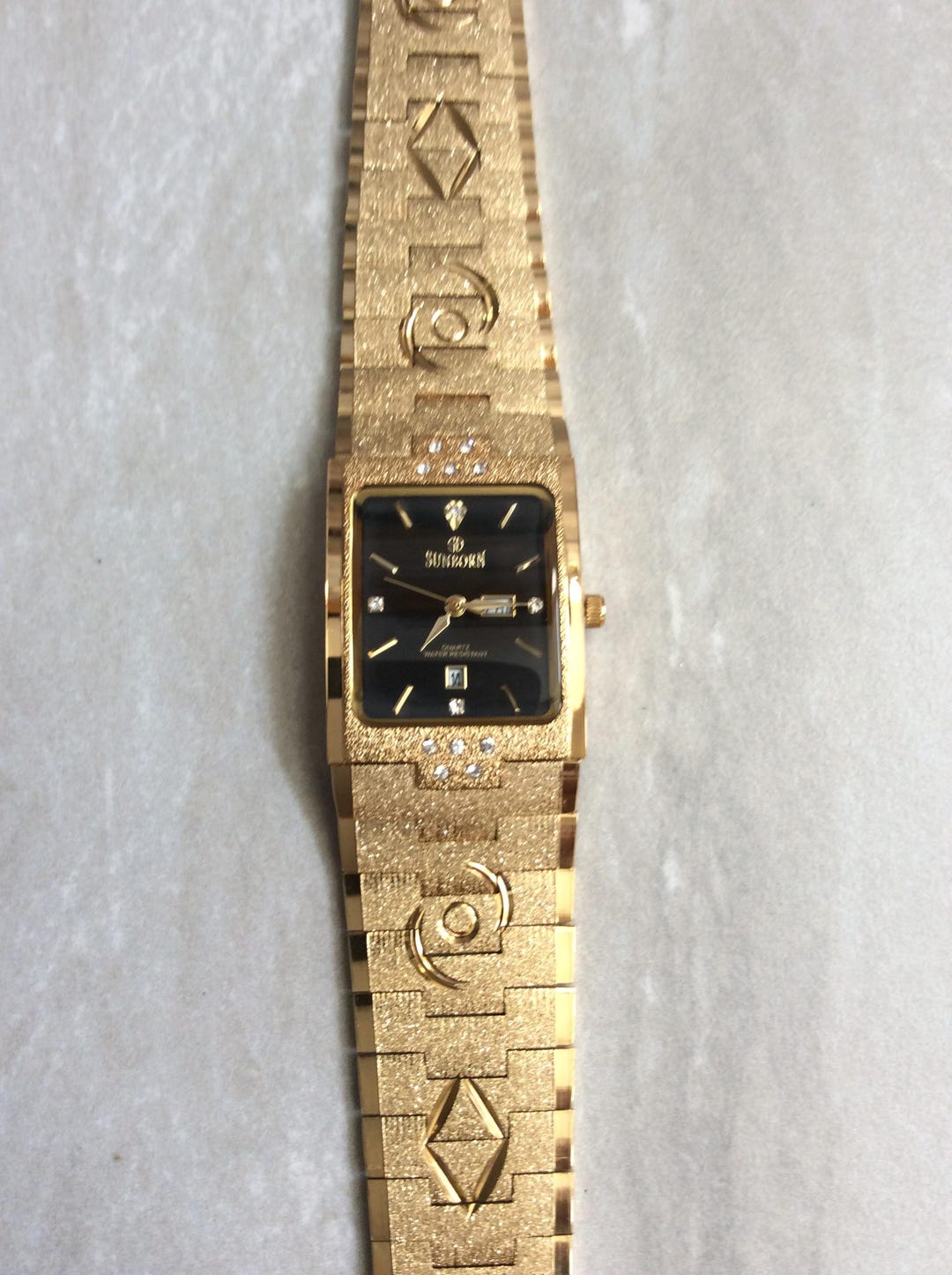 Vintage Sunborn Gold Men's Watch, Black Dial, Crystal Detail - Etsy