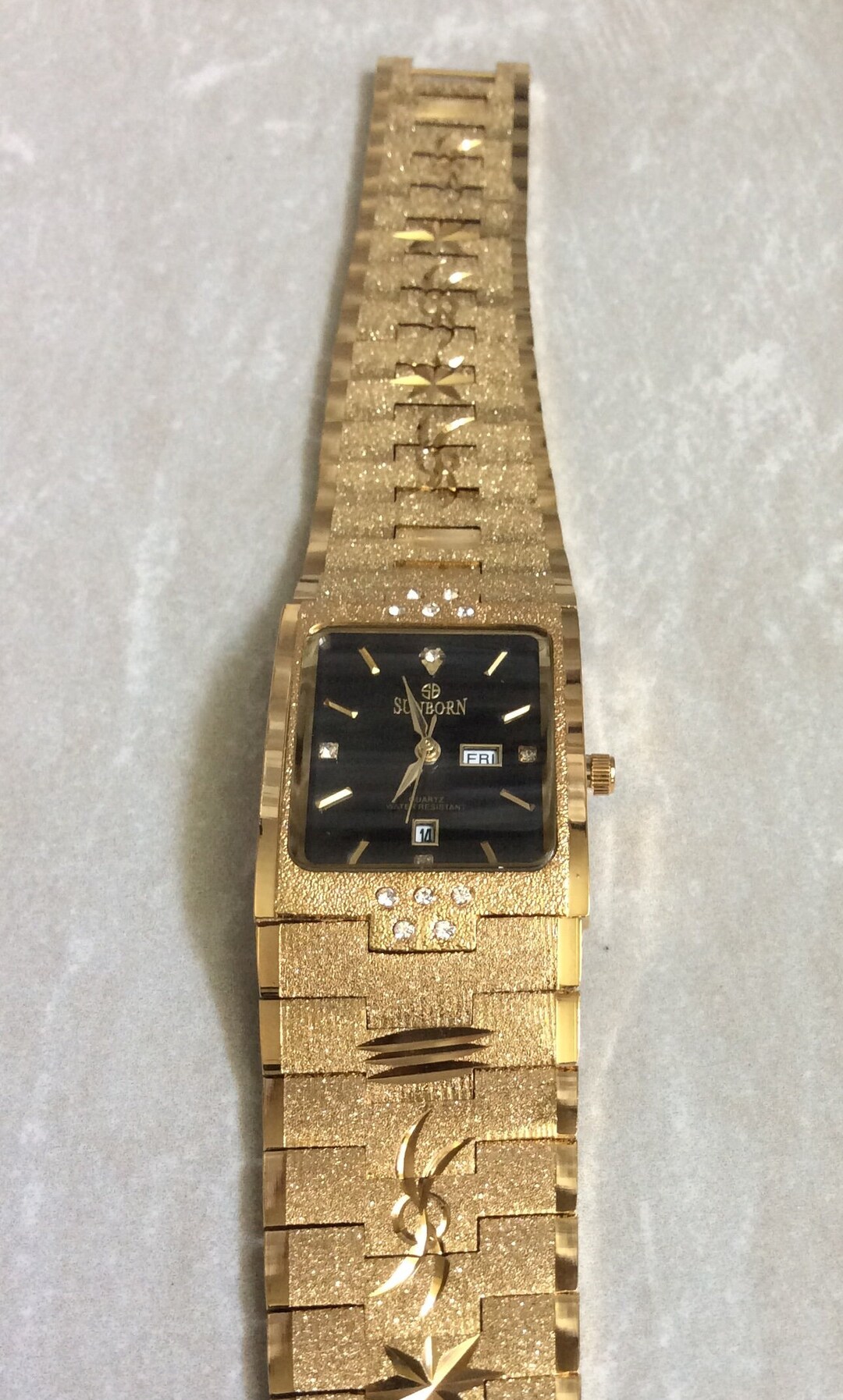 Sunborn Mens Dress Crystal Watch Rectangle Black Dial Gold Index Hours ...