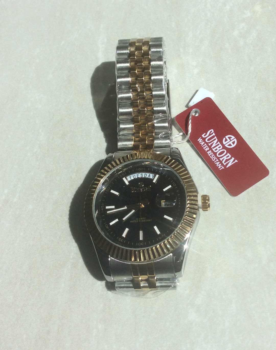 SUNBORN Men's Watch Round Black Dial Day and Date Indicators Index Hour ...