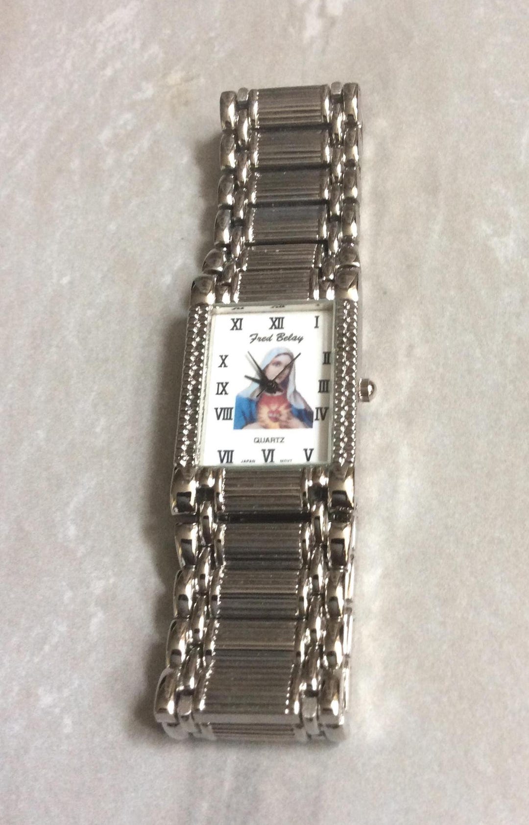 Fred Belay Men's Silver Watch Rectangle Mother Mary White Dial Black ...