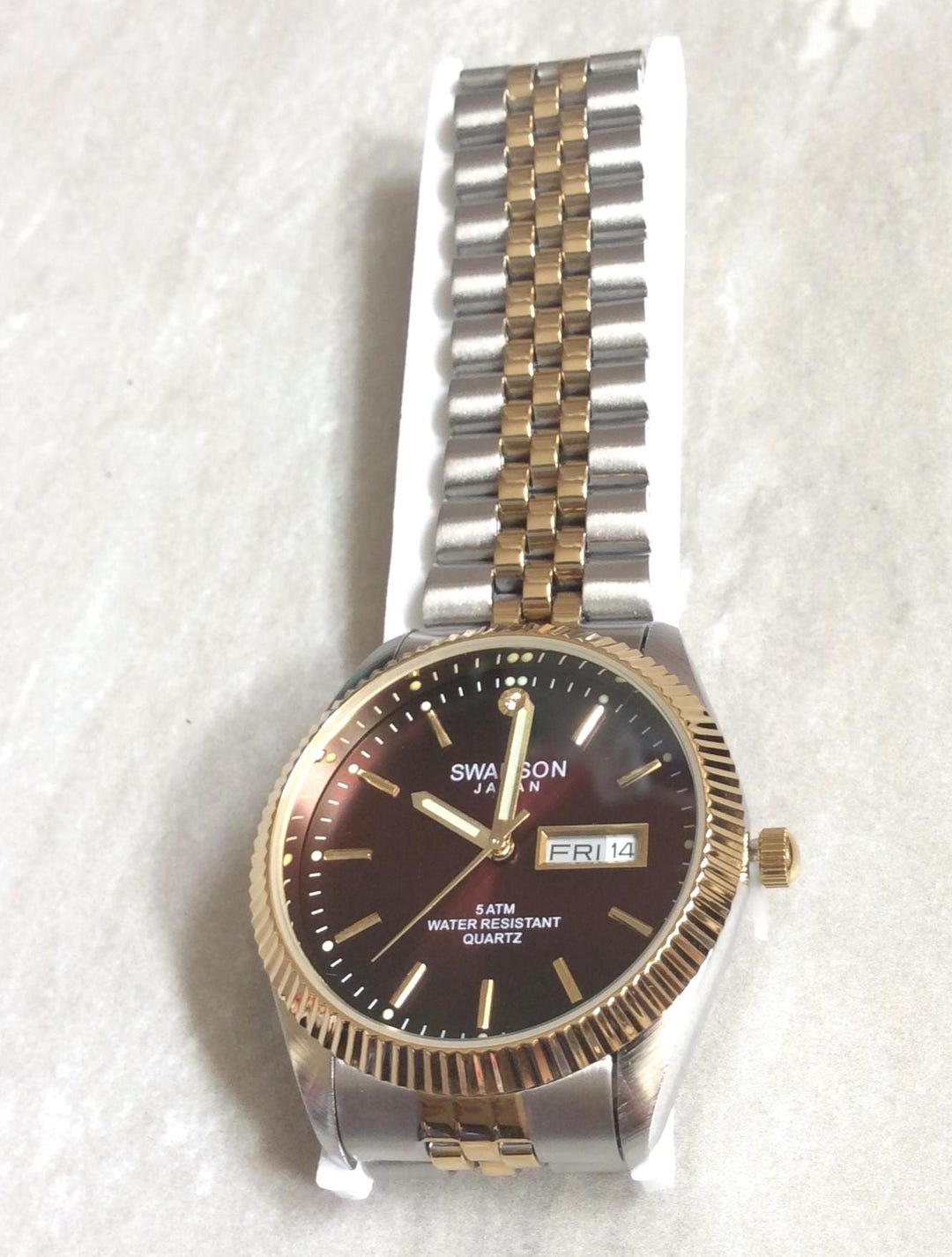 SWANSON Men's Watch Burgundy Red Date Dial on Two-tone Linked Band New ...