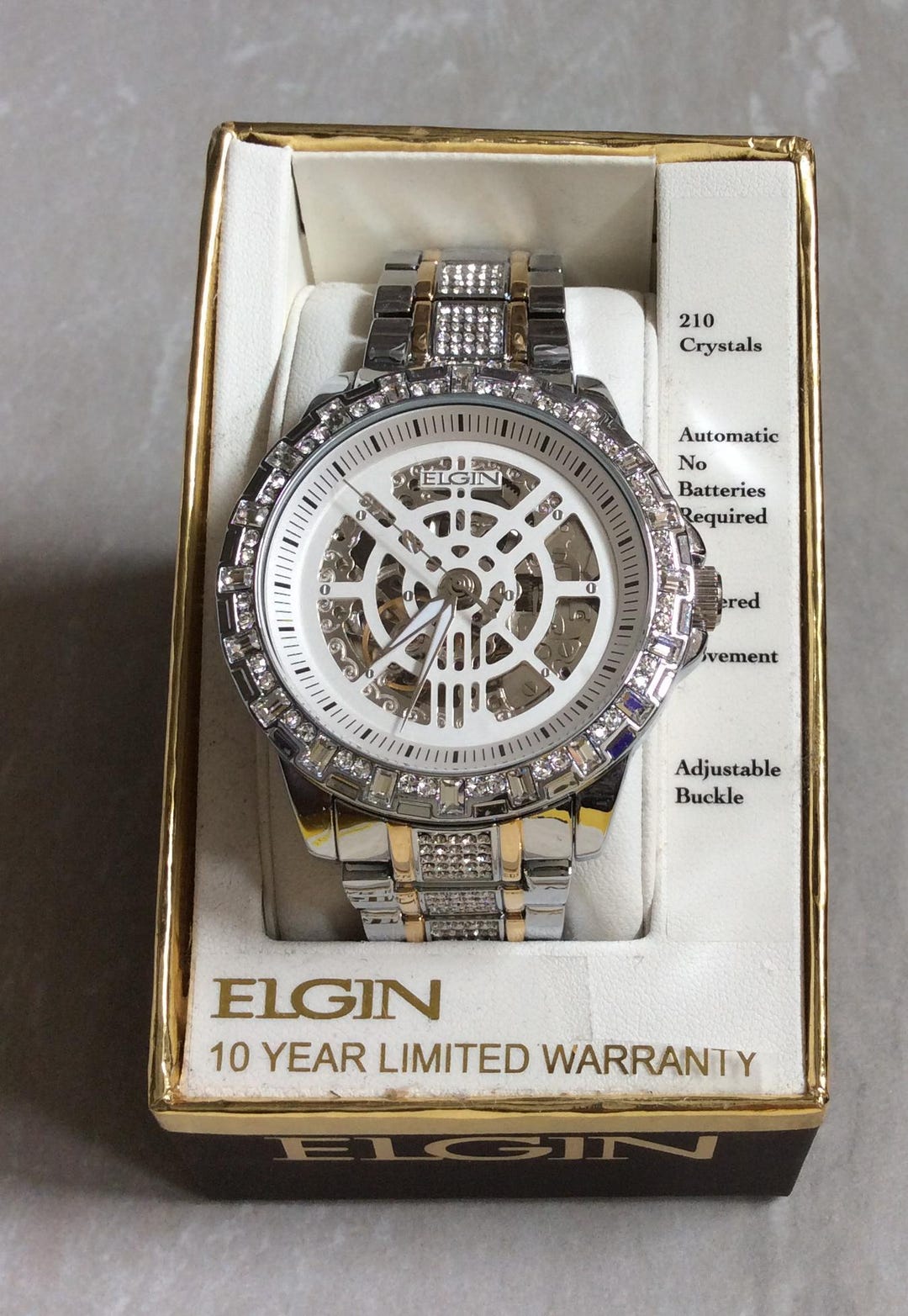 ELGIN AUTOMATIC MEN'S Watch Silver Dial 210 Crystals on Two-tone Linked ...