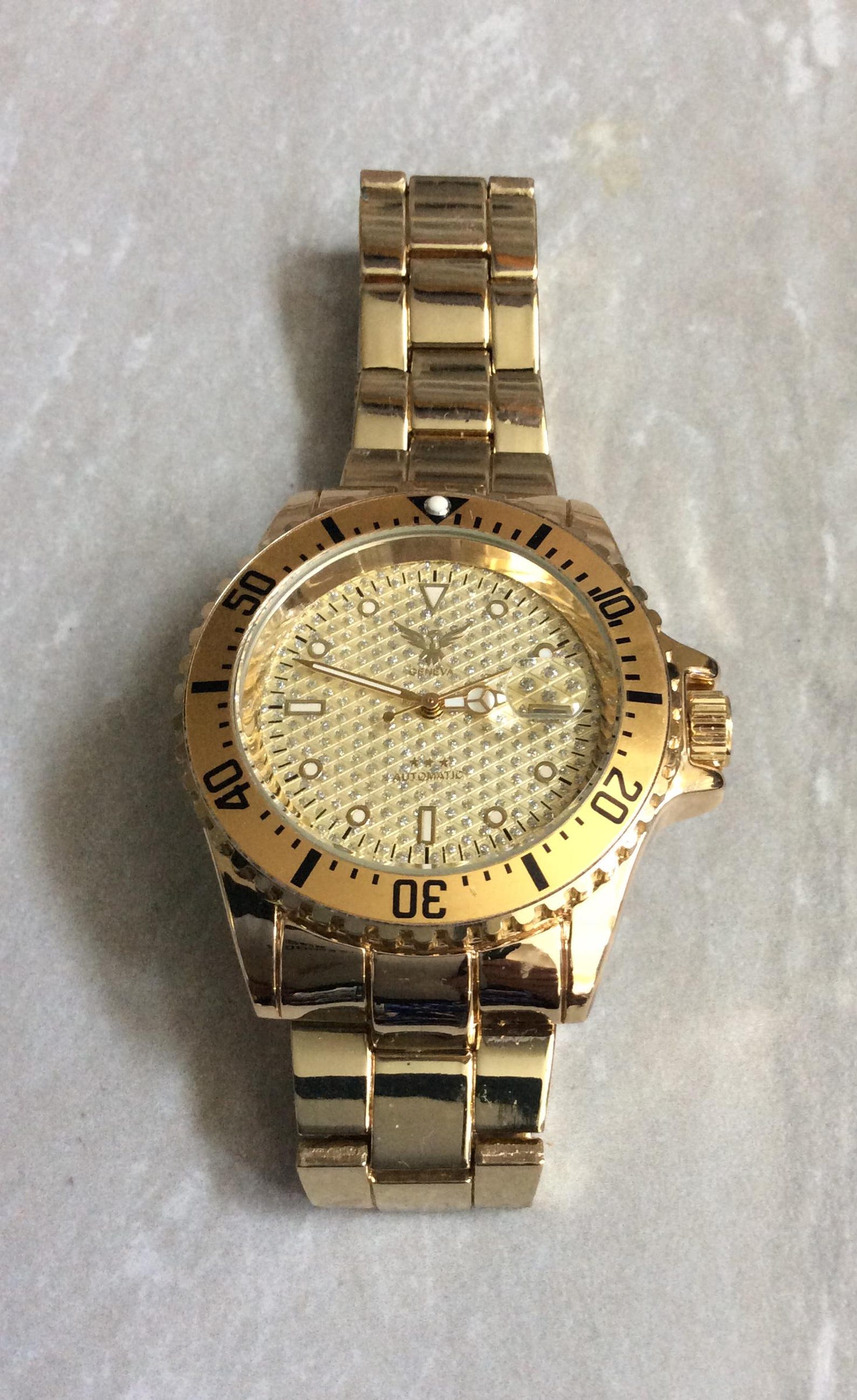 GENEVA AUTOMATIC Gold Men's Watch Round Gold Crystal Accented Date Dial ...