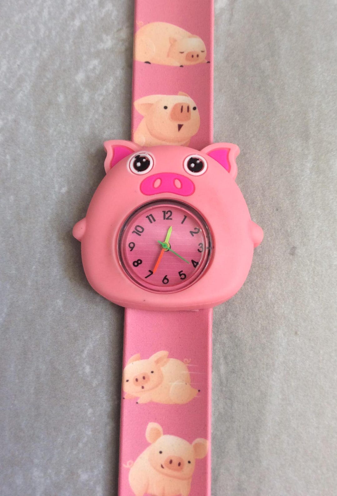 Pink PIGGY Kids Slap-watch Round Numbered Dial on Piggy Band New Unused ...