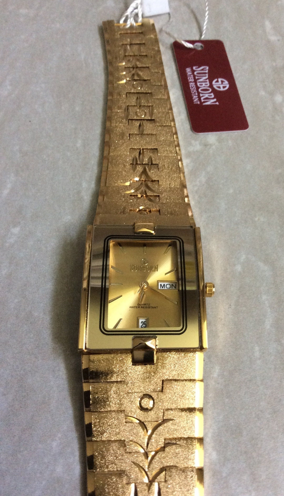 SUNBORN Men's Dress Watch Rectangle Mirror Image Black Outlined Gold ...