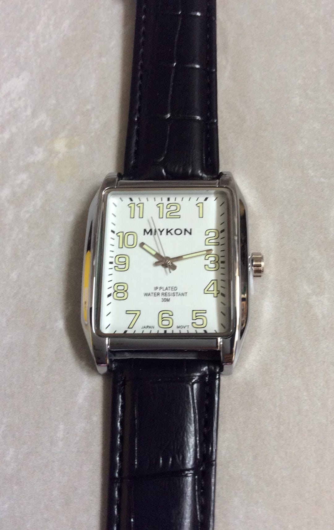 MIYKON Men's Watch Rectangle White Dial Numbered Hours Glow Hands on a ...