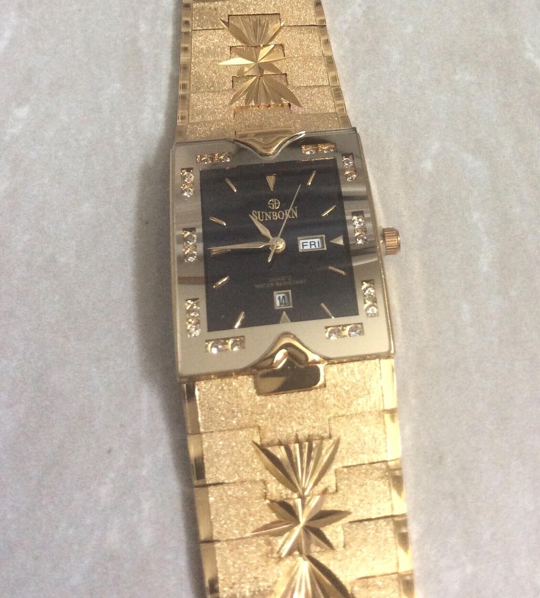 SUNBORN Men's Gold Watch Rectangle Gold Dial Day and Date Indictor's on ...