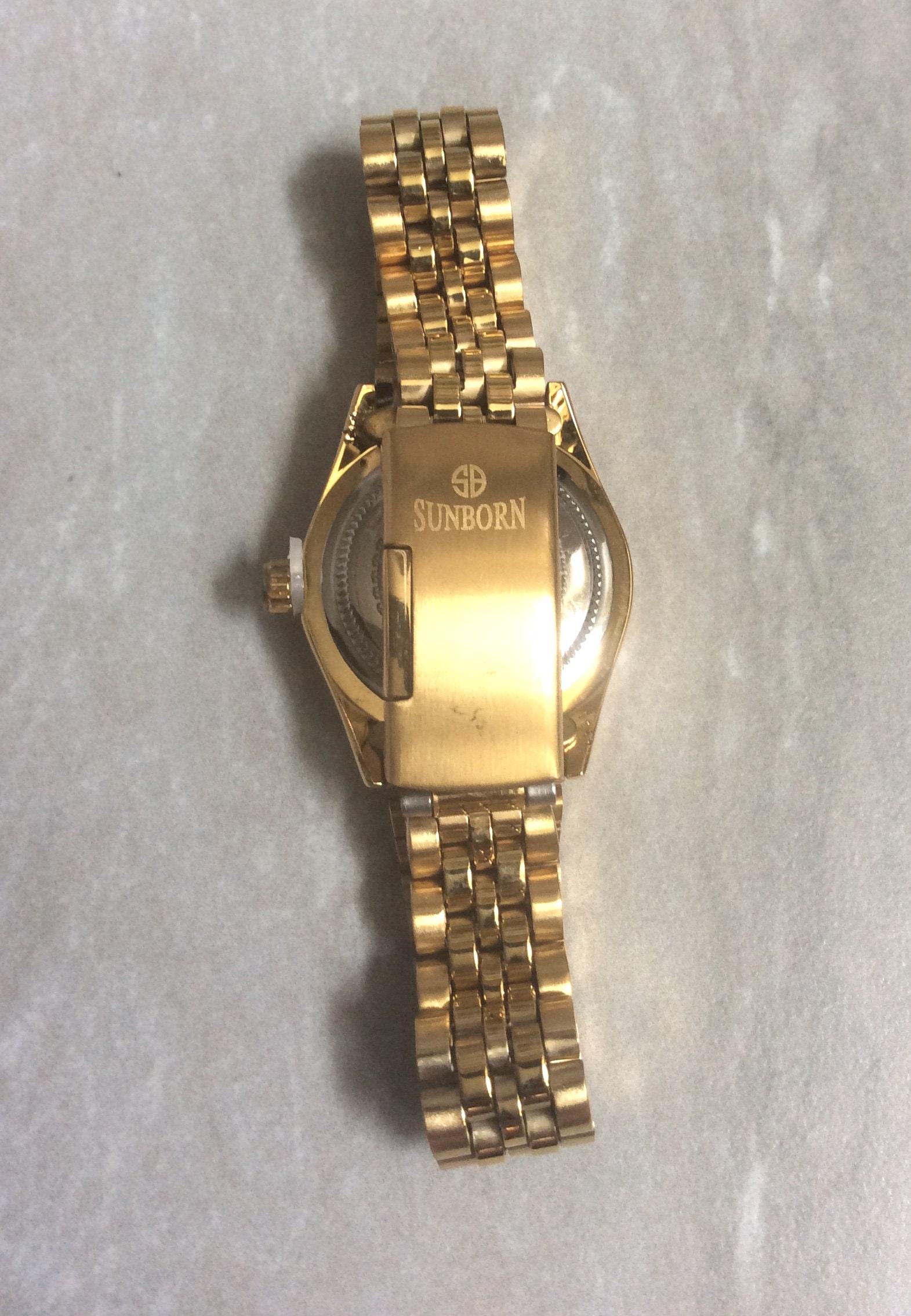 SUNBORN Women's Gold Watch Round Gold Dial Day & Date Gold Dial Crystal ...