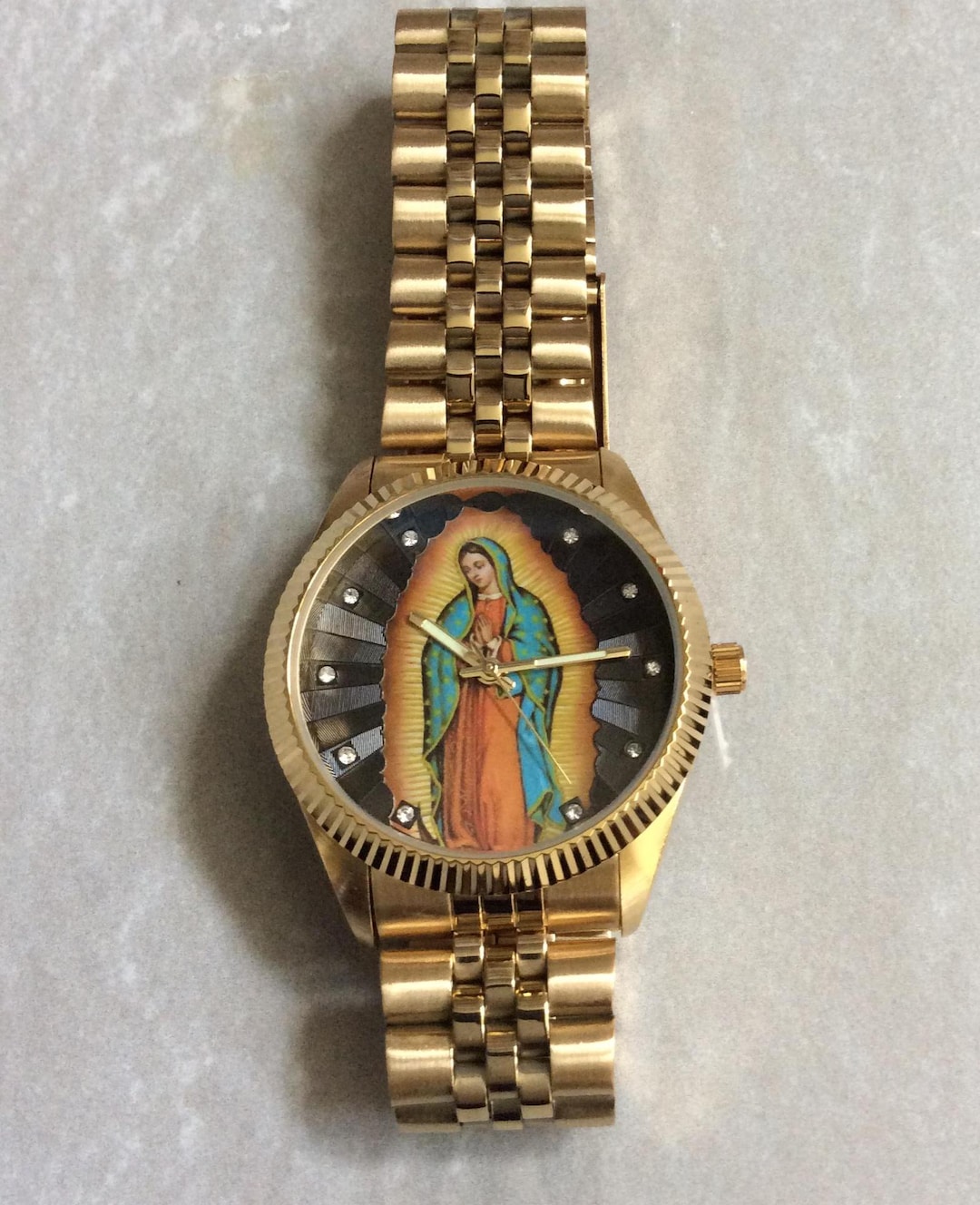 MIYKON Religious Watch Having a Round Black Sunray Guadalupe Dial ...