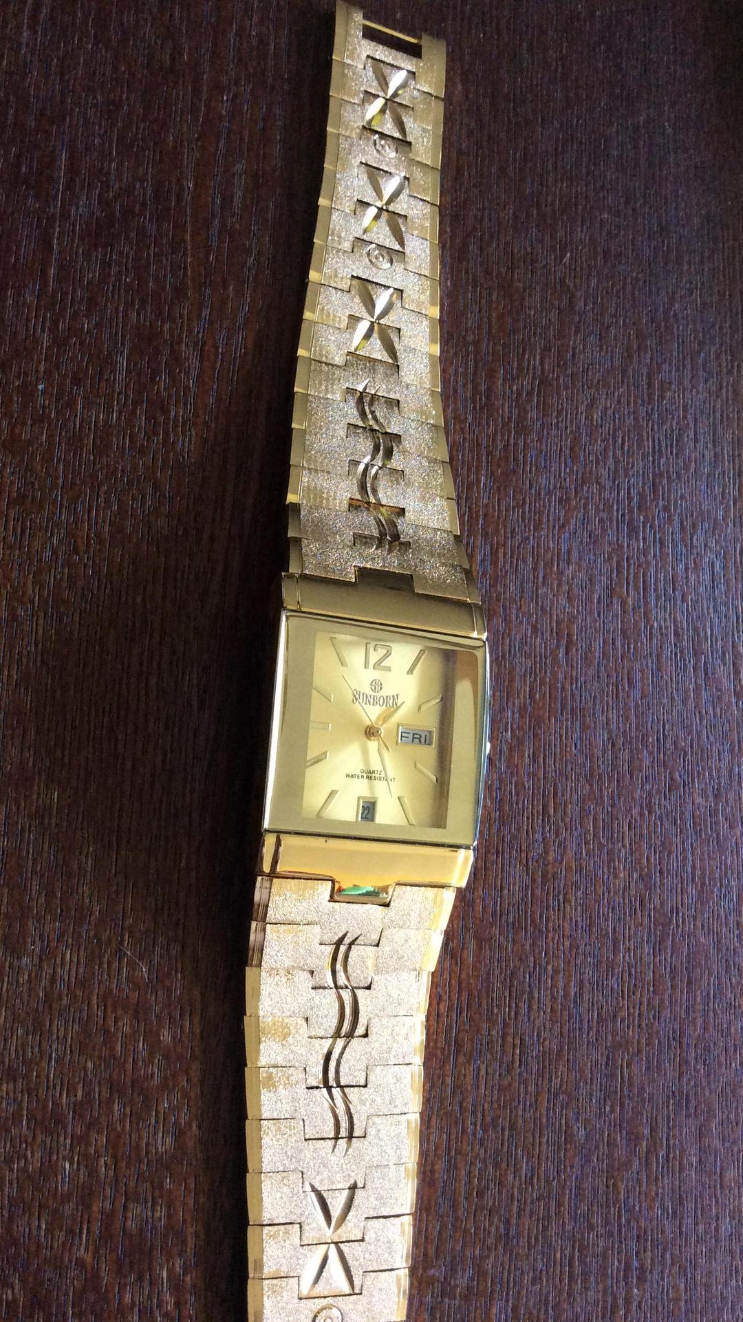 SUNBORN Gold Men's Watch Rectangle Gold Dial Gold Index Hours Day and ...