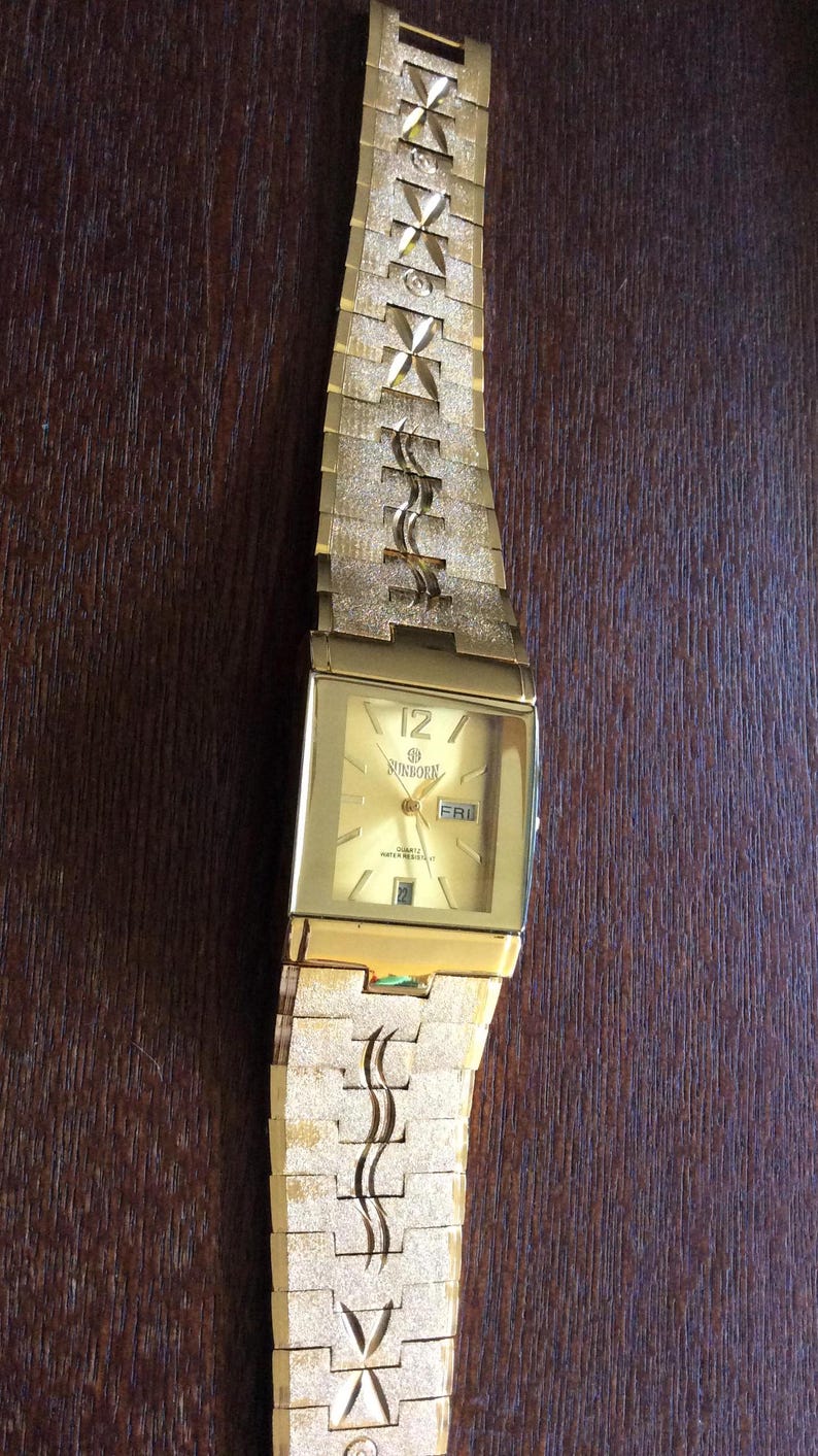 SUNBORN Gold Men's Watch Rectangle Gold Dial Gold Index Hours Day and ...
