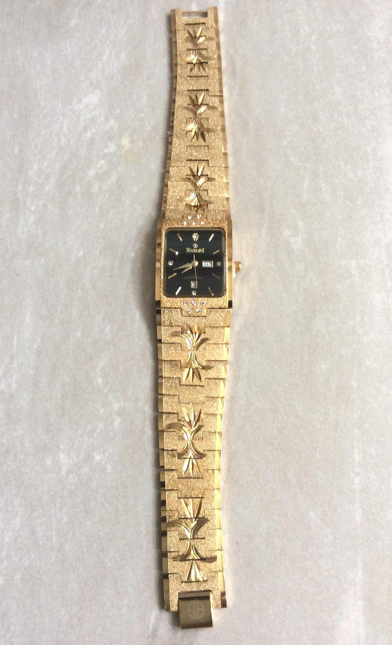 SUNBORN Gold Men's Watch/crystal Rectangle Black Dial Gold Index Hours ...