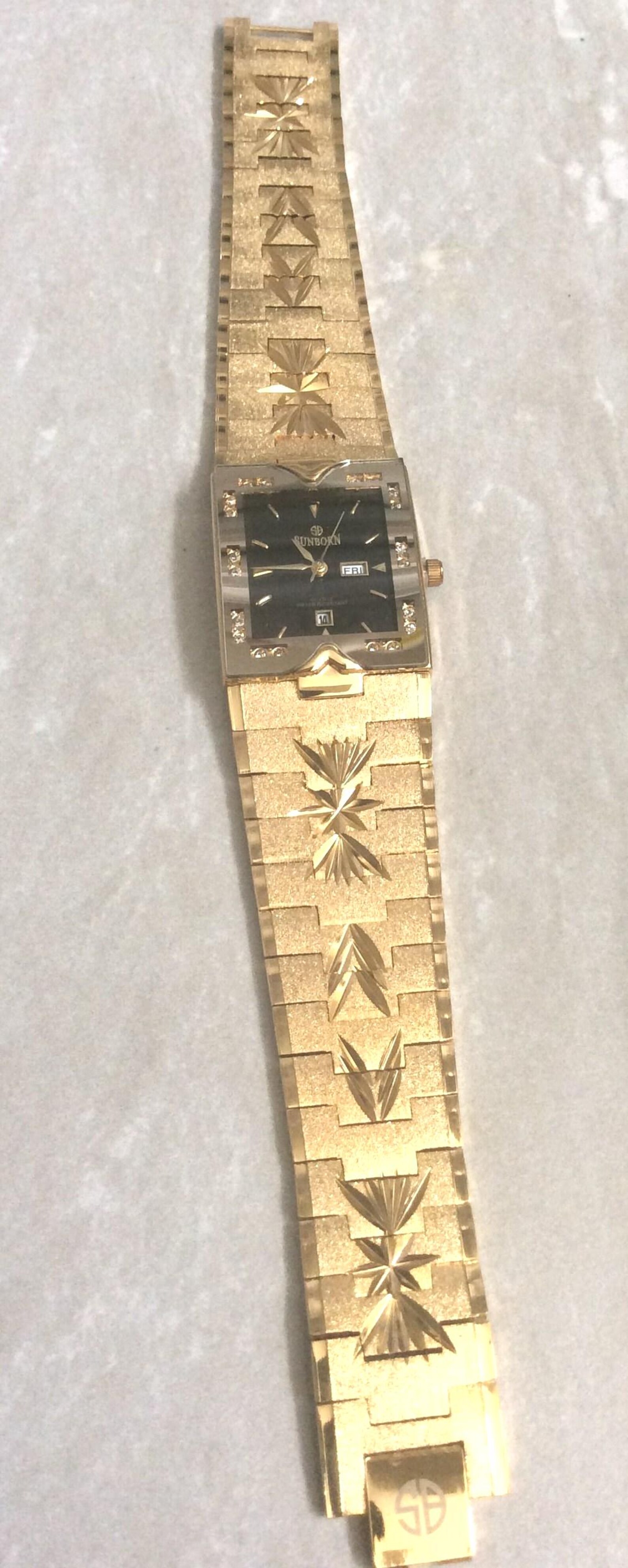 SUNBORN Men's Gold Watch Rectangle Gold Dial Day and Date Indictor's on ...