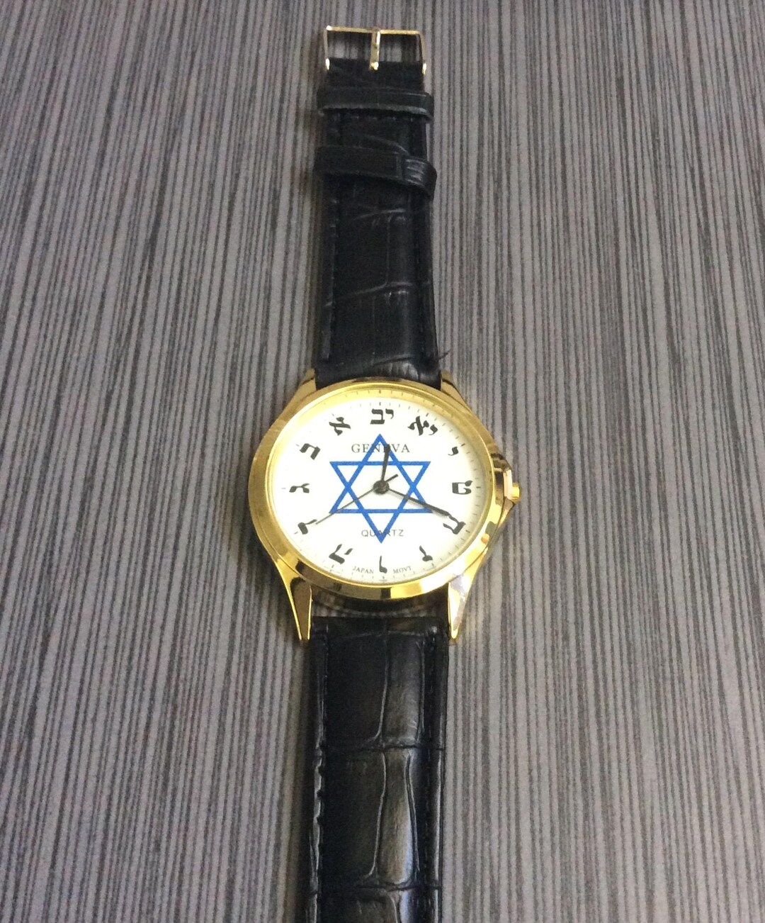 Geneva Men's Watch Round Star of David Dial With Hebrew Hours on Black ...
