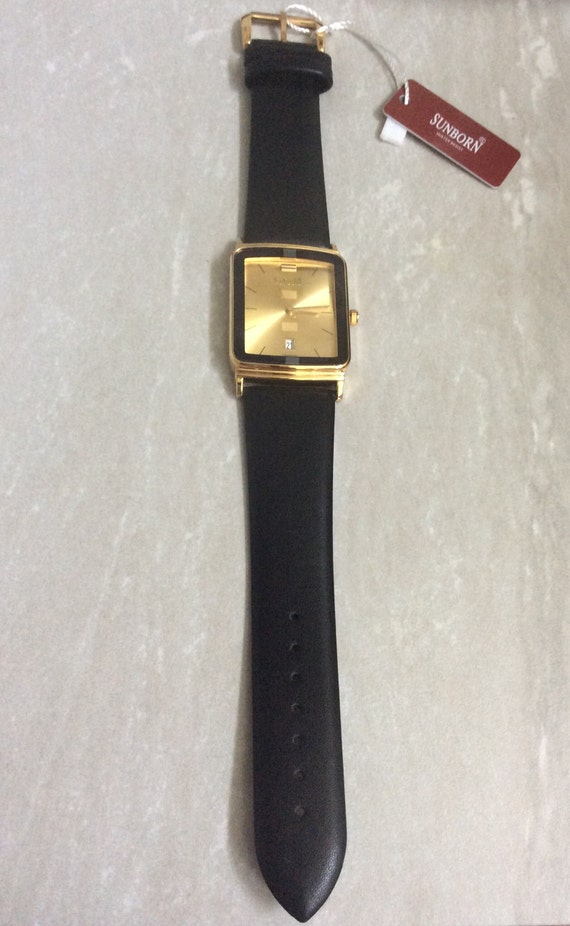 SUNBORN Men's Gold Watch Black Border Rectangle Gold … - Gem