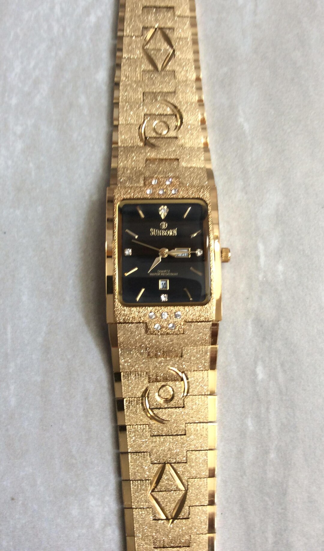 SUNBORN Mens Gold Watch Having a Rectangle Black Dial Index & Crystal ...