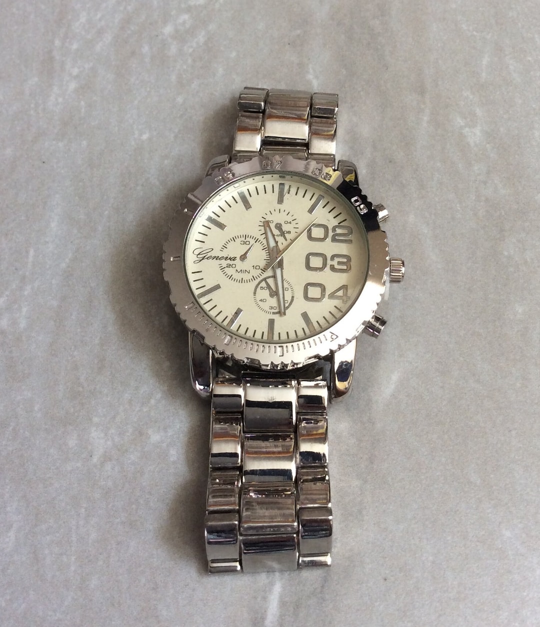Geneva Men's Watch 02 03 04 Round Silver Dial on Silver Linked Band ...