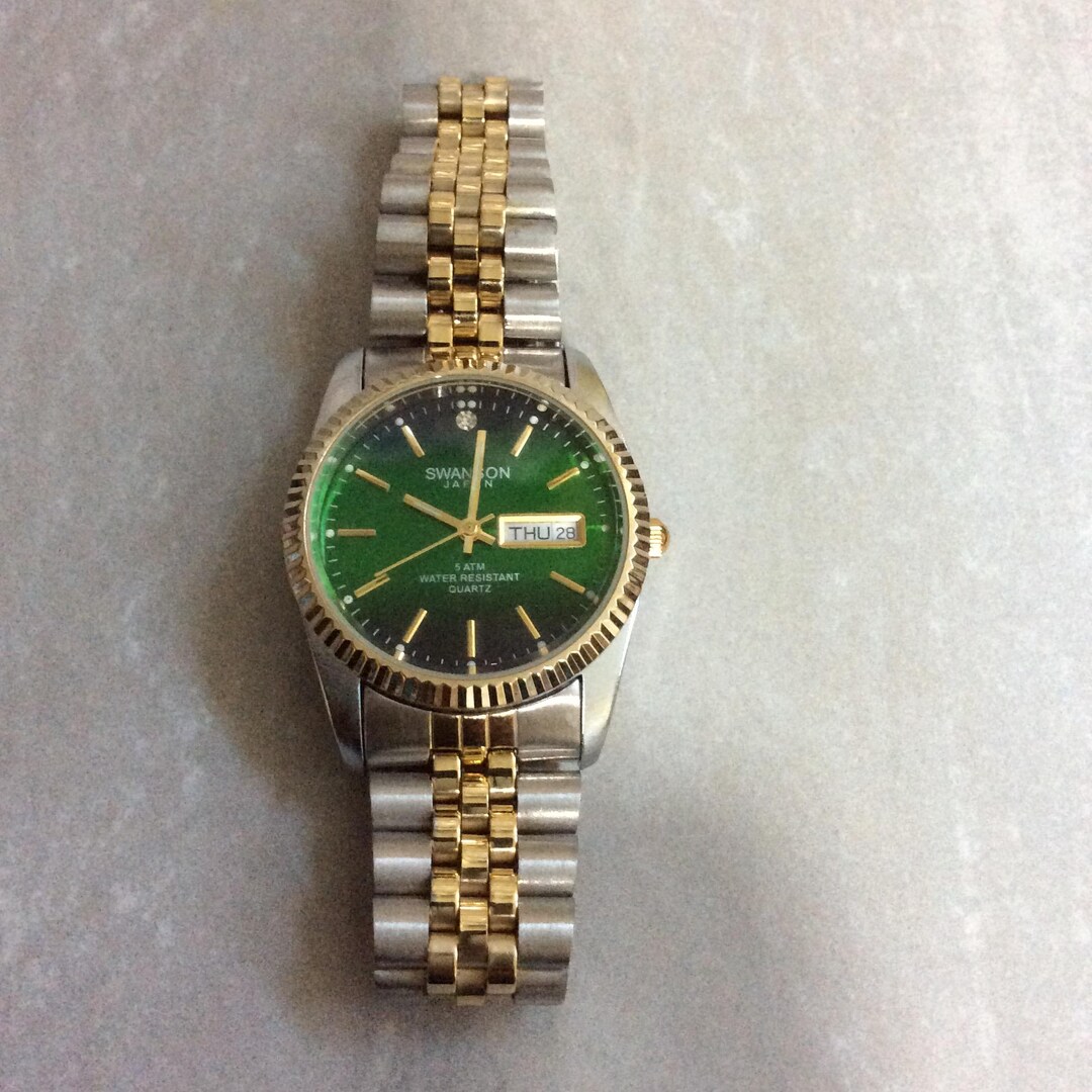 SWANSON Men's Watch Round Green Dial Gold Index Hours Day & Date on a ...