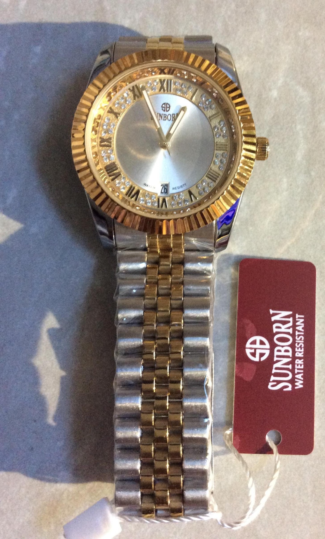 SUNBORN Men's Watch Silver & Gold Date Dial Crystal Roman Numeral Hour ...