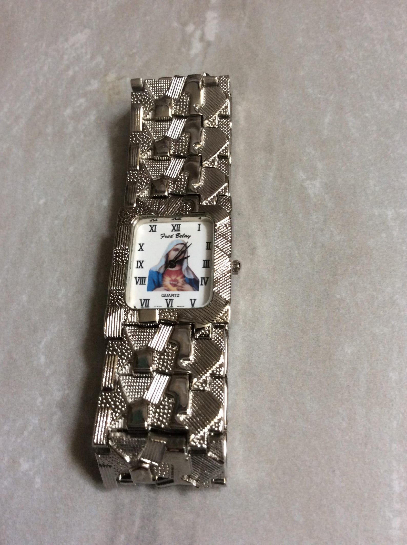 Fred Belay Silver Men's Religious Watch Having a Mother Mary White ...