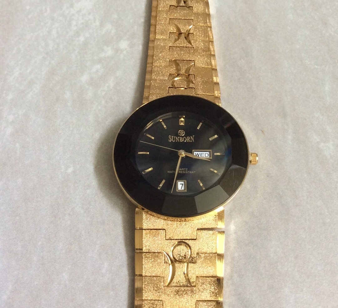 Sunborn Dress Men's Watch Round Black Dial on Unique Engraved Gold ...