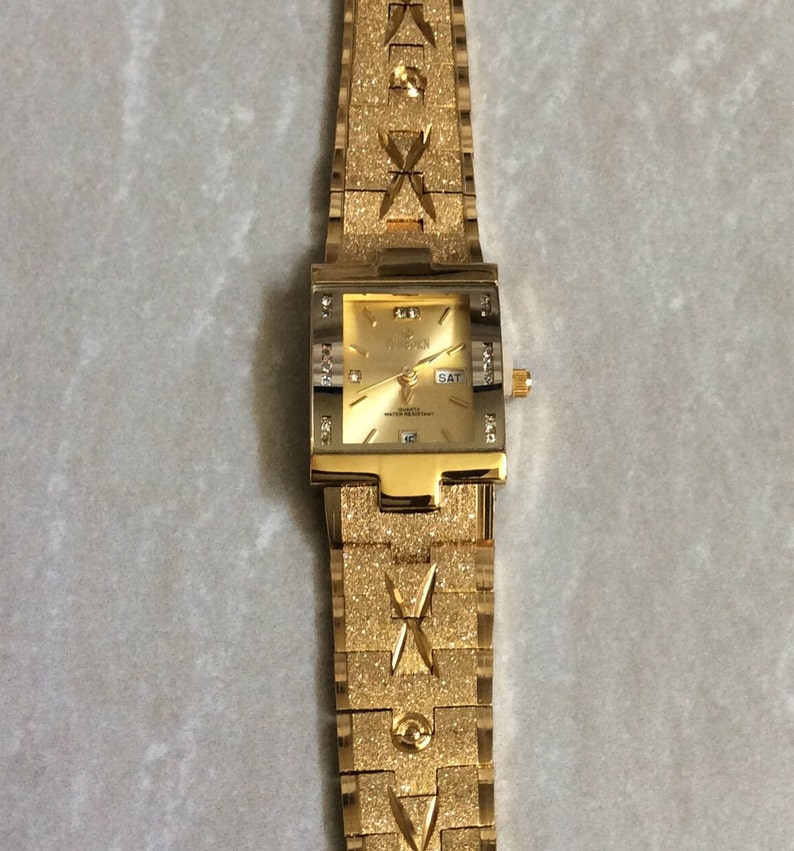 SUNBORN Women's Crystal Watch Rectangle Gold Dial Crystal & Index Hours ...