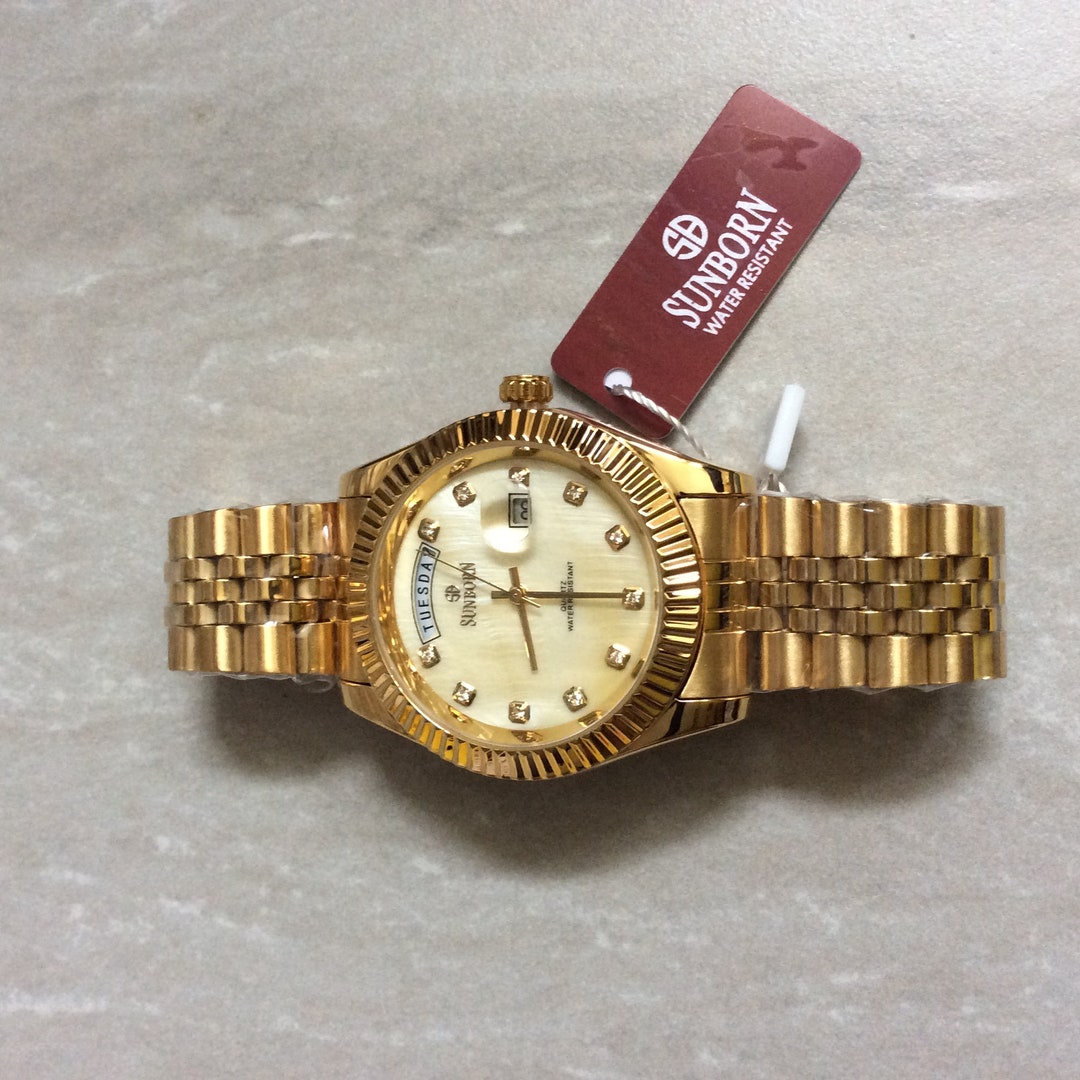 SUNBORN Gold Men's Dress Watch Round Golden Pearl Dial Crystal Hours ...