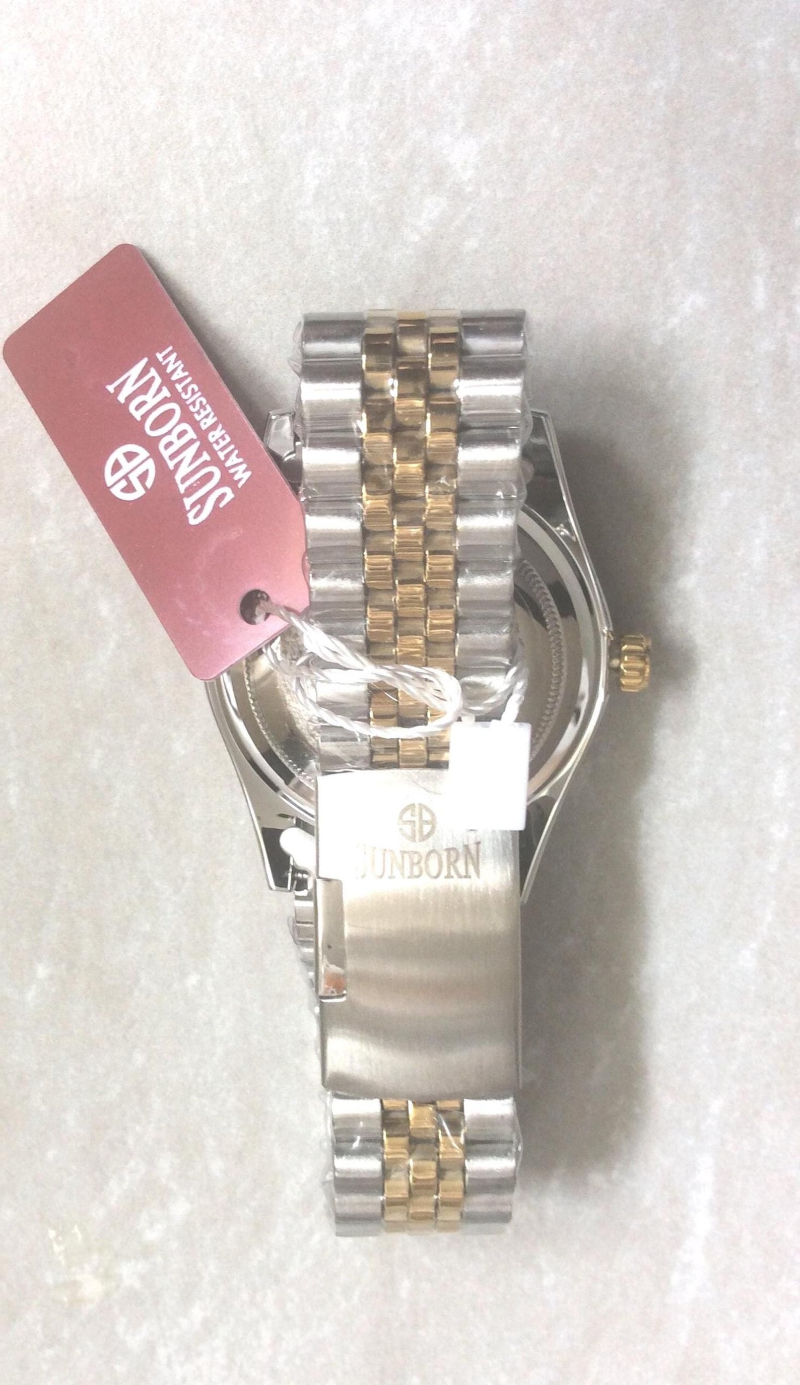 SUNBORN Men's Watch Round Gold Dial Day and Date Indicators Index Hour ...