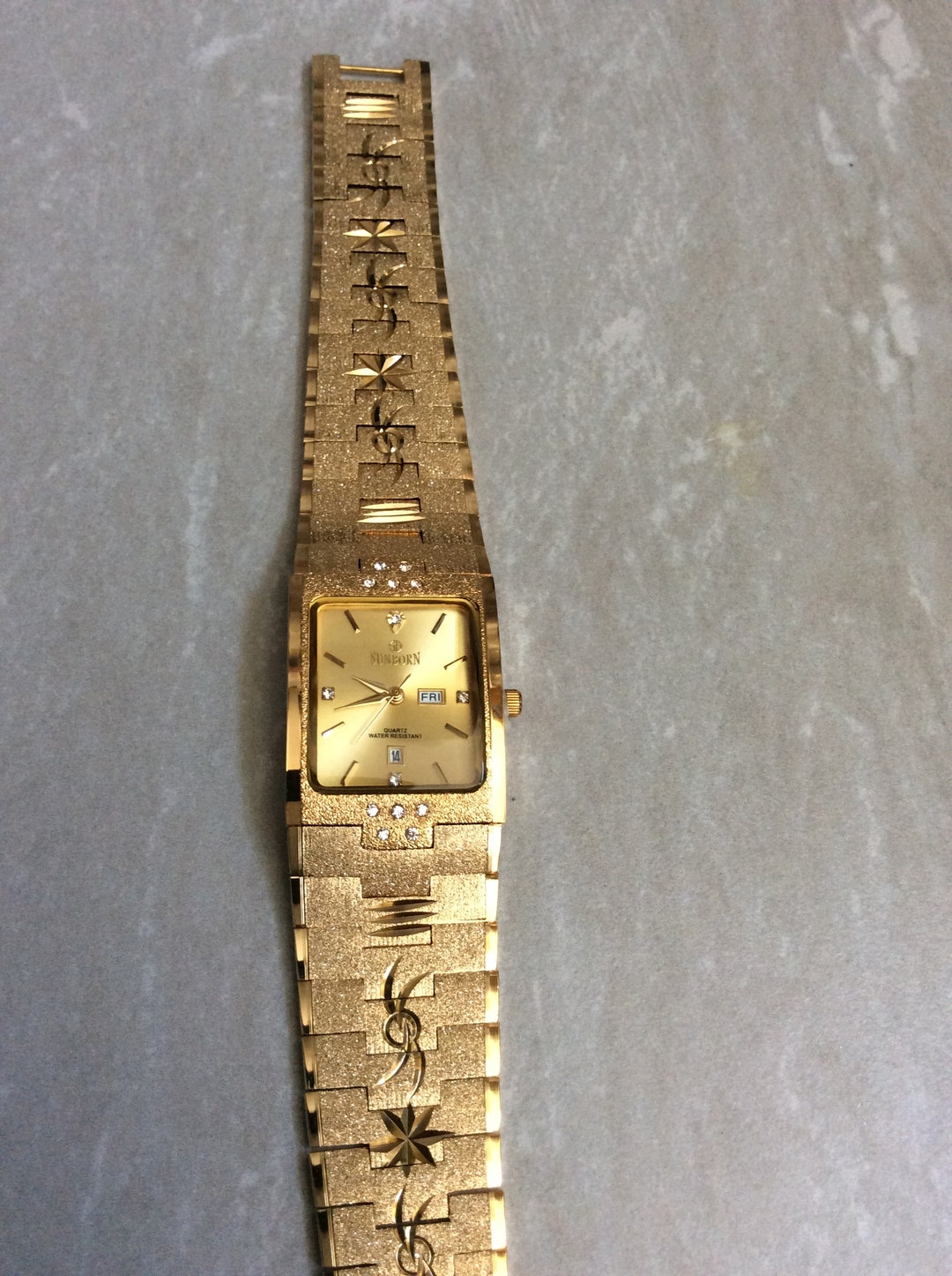 SUNBORN Men's Gold Crystal Dress Watch Rectangle Gold Dial Day and Date ...