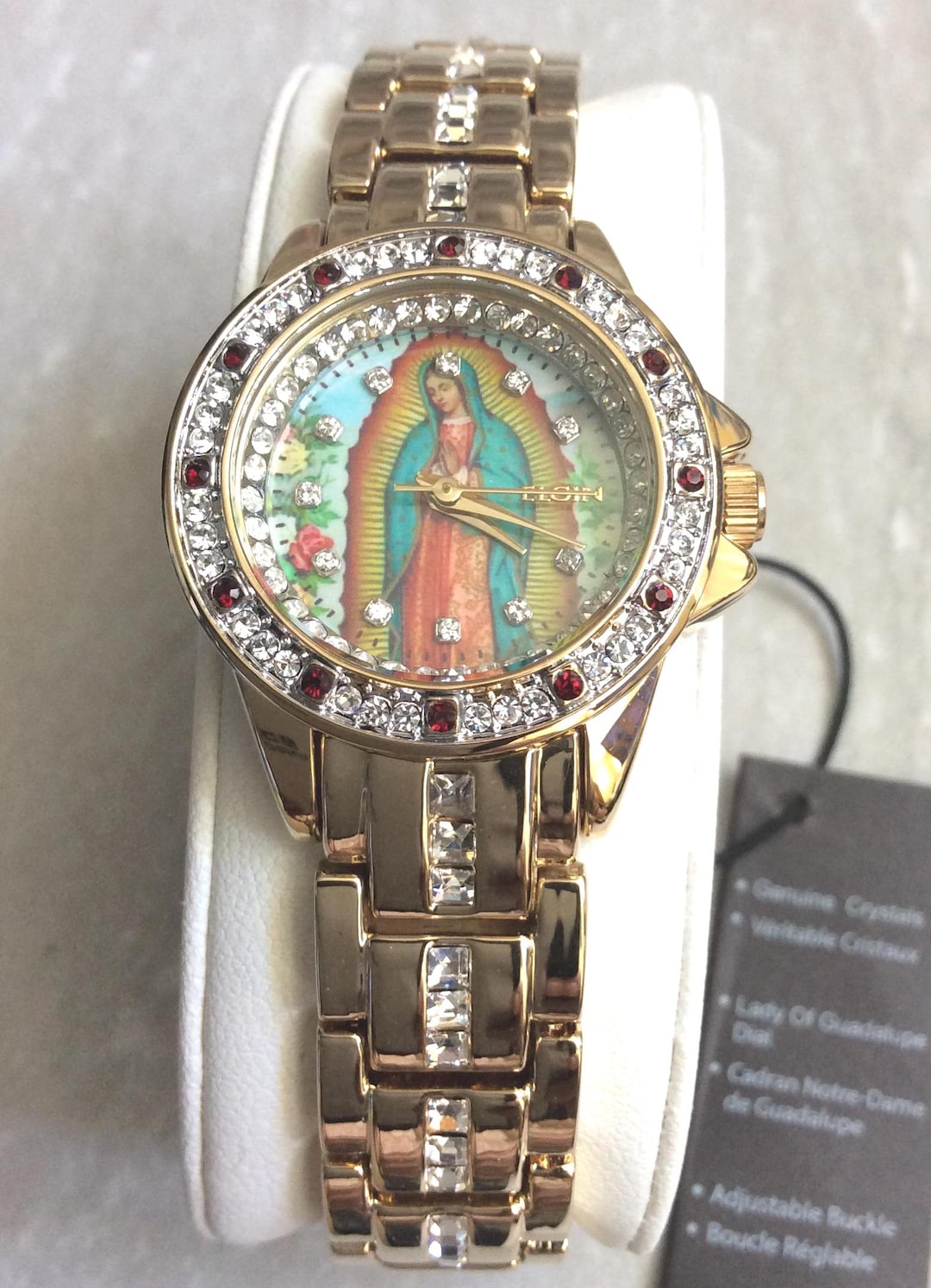 ELGIN Crystal Gold Religious Watch Round Lady of Guadalupe Dial on Gold ...