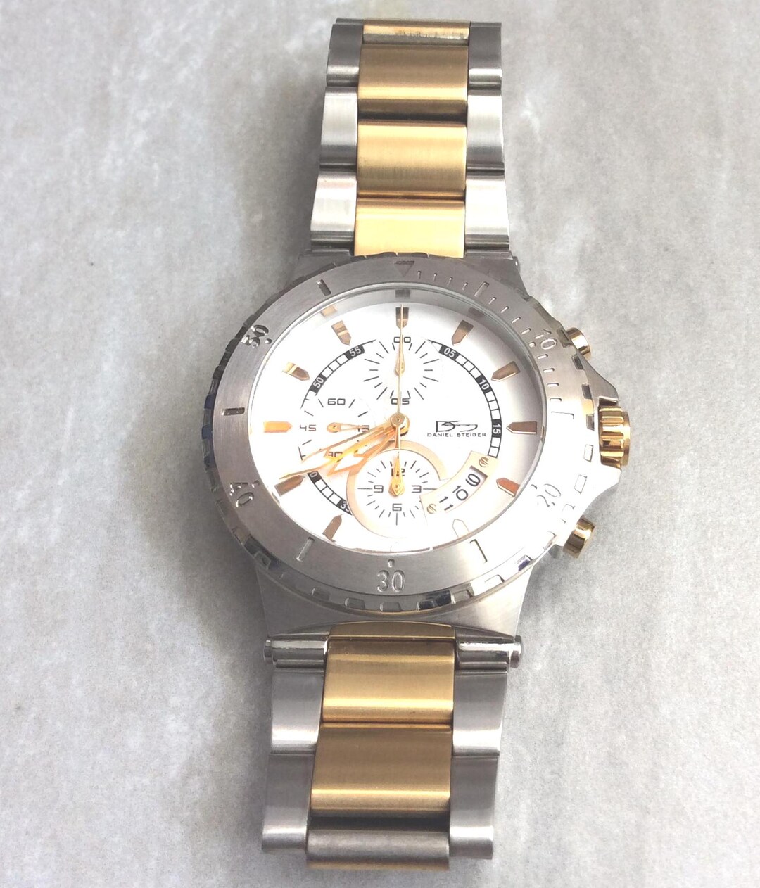 DANIEL STEIGER Men's Watch Round White Date Chronograph Dial Gold Index ...