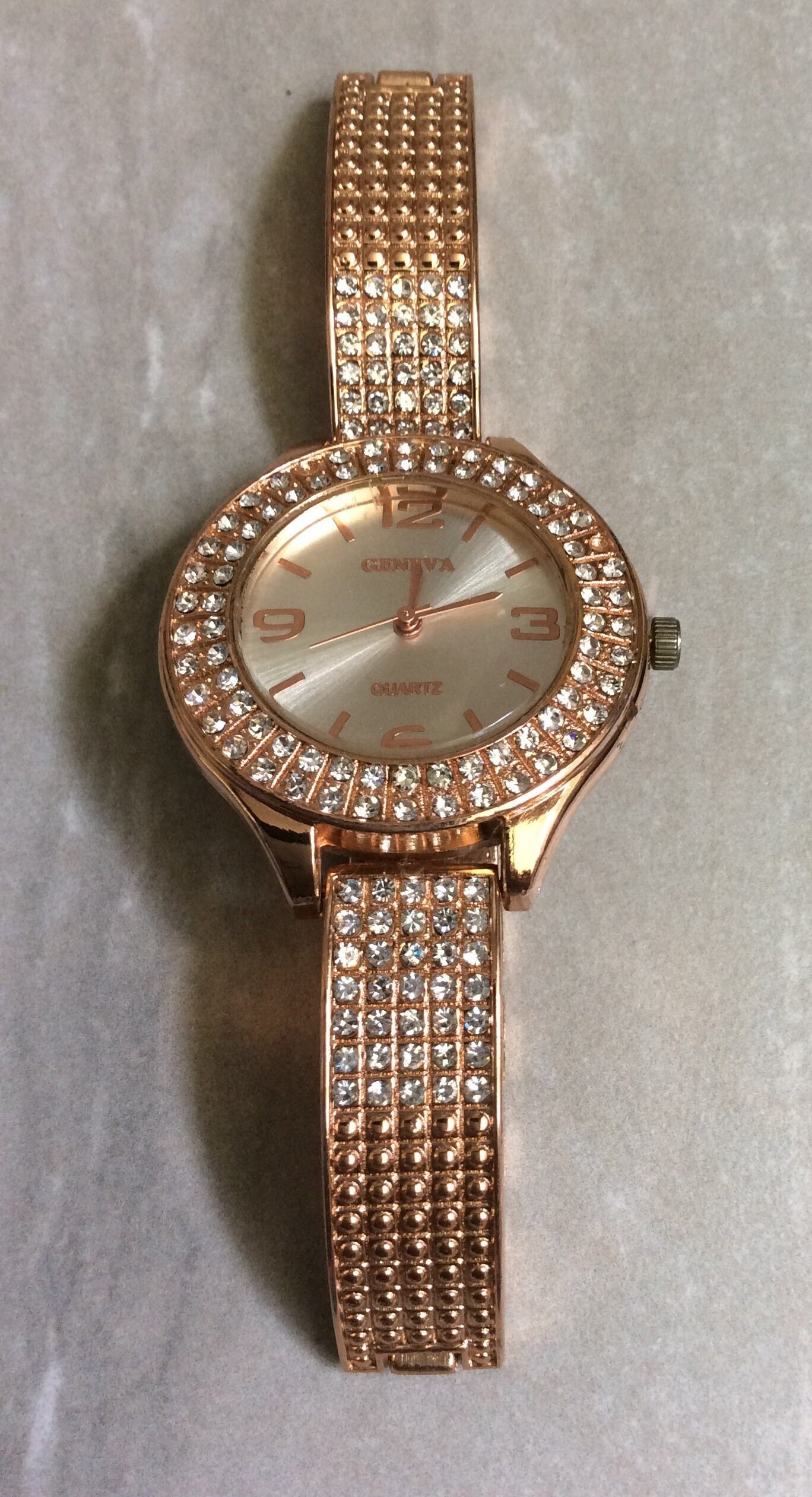 Geneva Rose Gold Crystal Watch Round Silver Dial Numbered & Index Hours ...