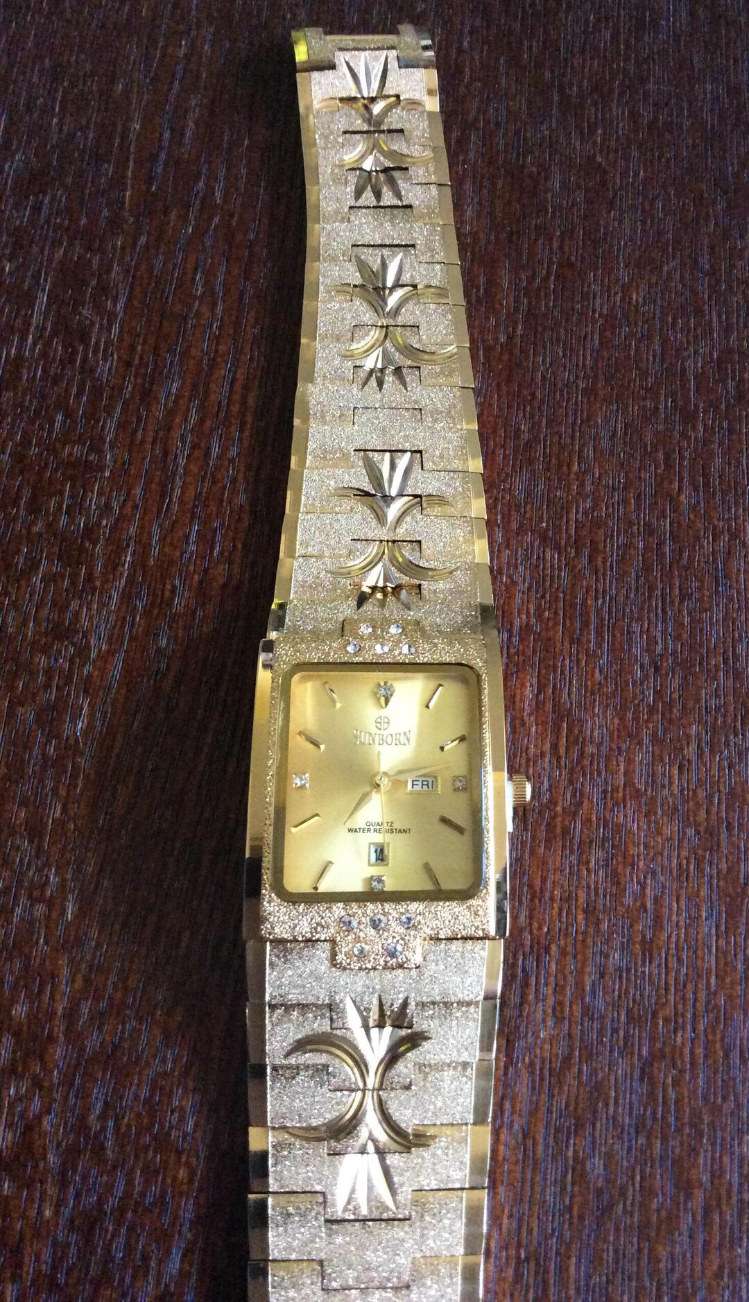 SUNBORN Men's Watch Rectangle Gold Dial Index Hours With Day & Date ...