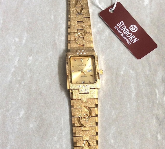 SUNBORN Women's Gold Crystal Watch Rectangle Gold Dia… - Gem