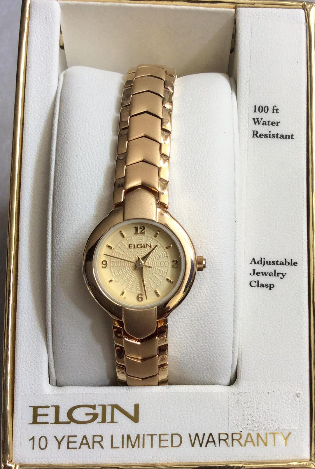 ELGIN Gold Women's Watch Round Gold Dial on a Gold Linked Band 100ft WR ...