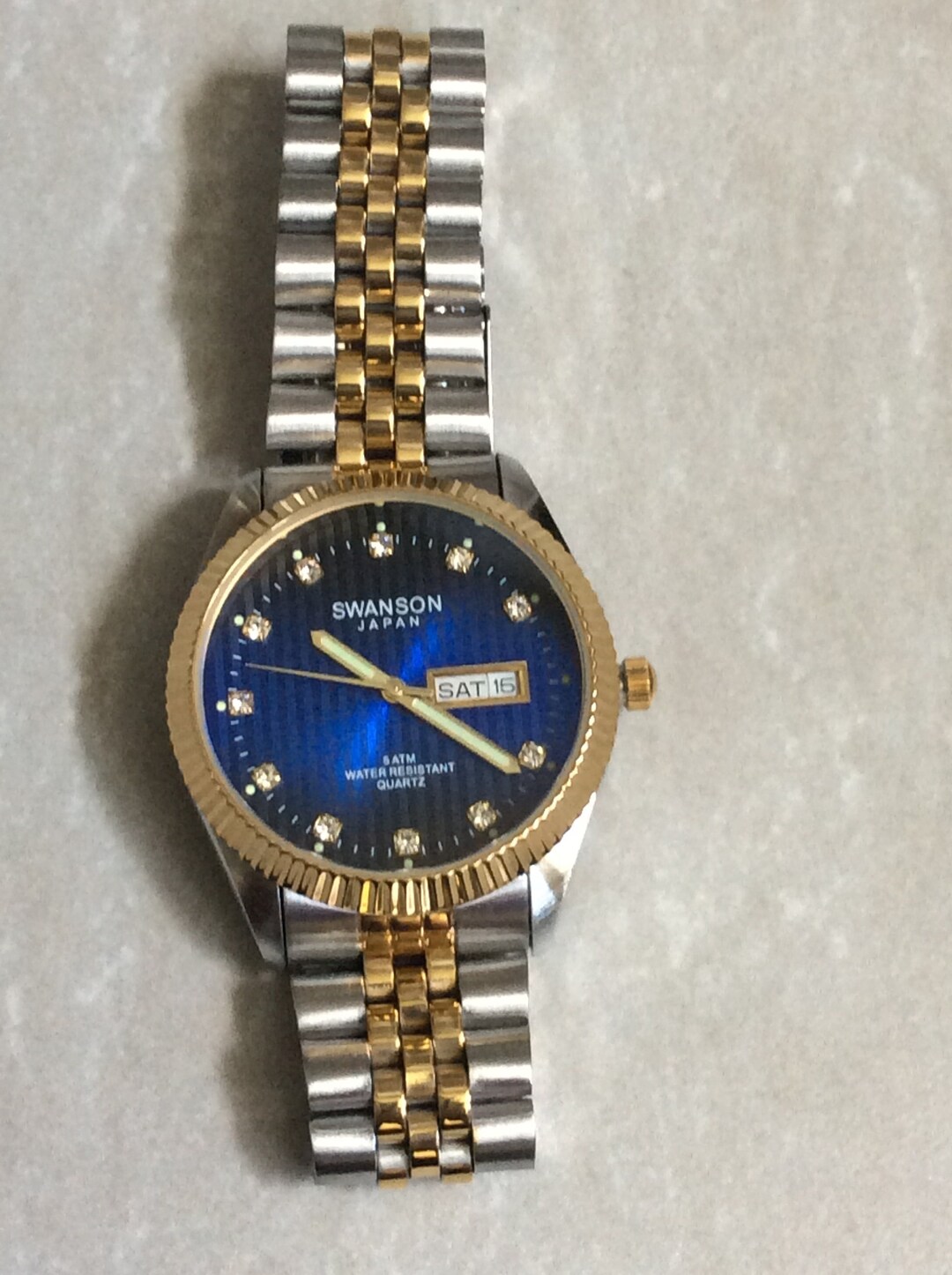 SWANSON Men's Watch Round Blue Dial Crystal Hour Marker's Day & Date ...