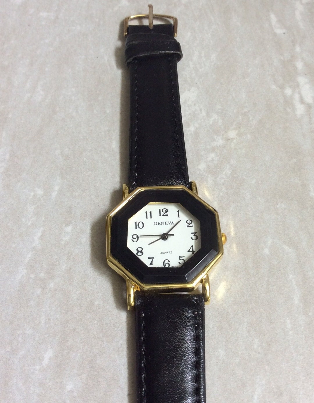 Geneva Women's Gold Octagon Watch With Black Border White Dial Black ...