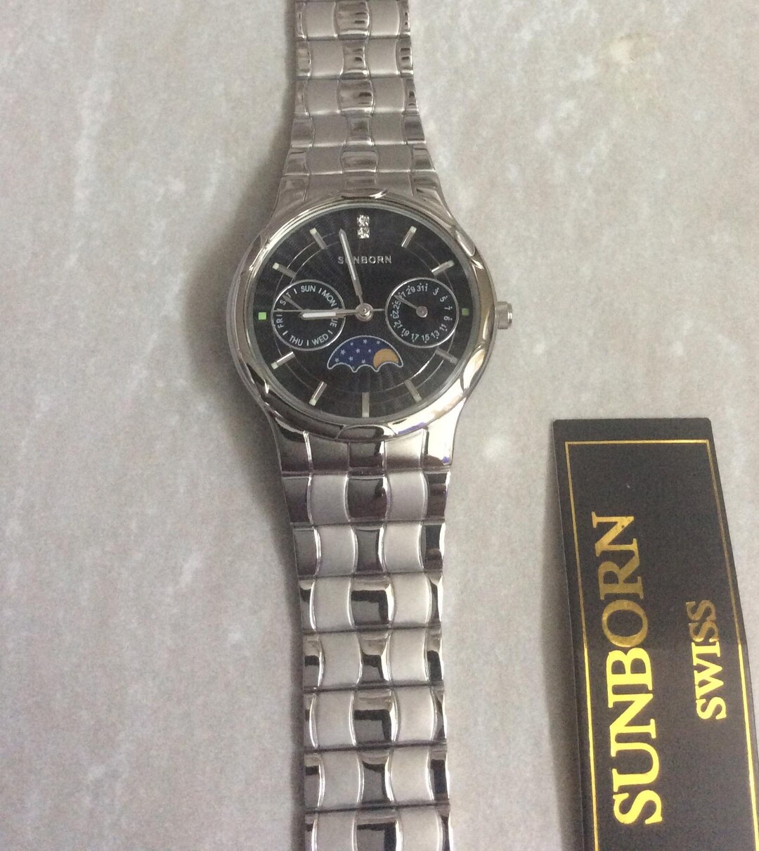 Sunborn Swiss Silver Men's Watch Round Black Dial Day & Date Day Night ...