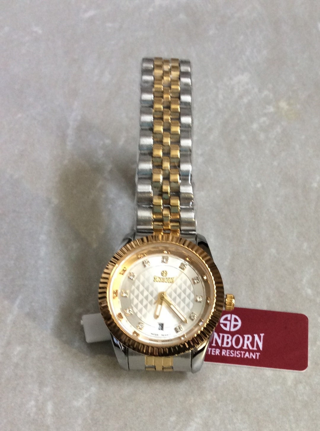 SUNBORN Women's Two Tone Watch Round Silver Dial Crystal Hour Markers ...