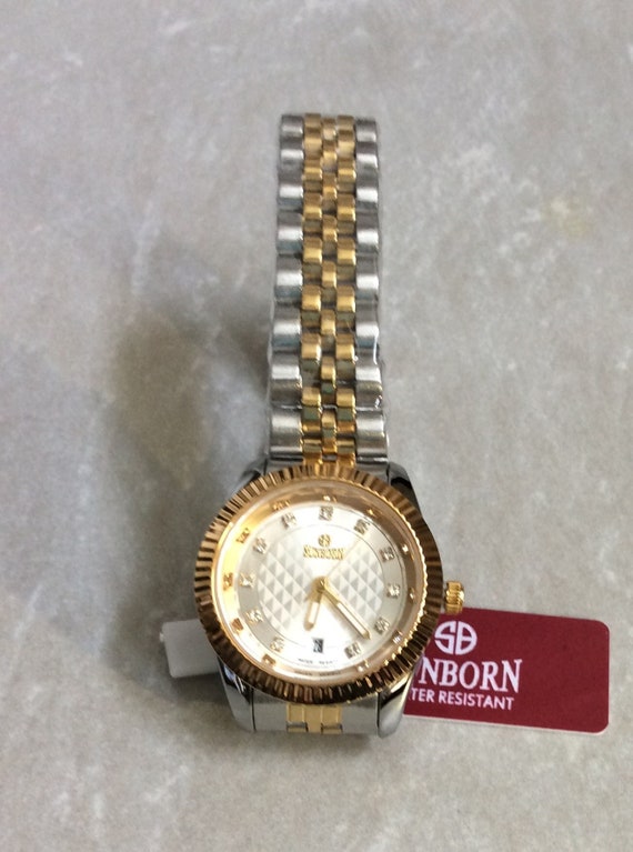 SUNBORN Women's Watch Silver Dial Gold Crystal Gold I… - Gem